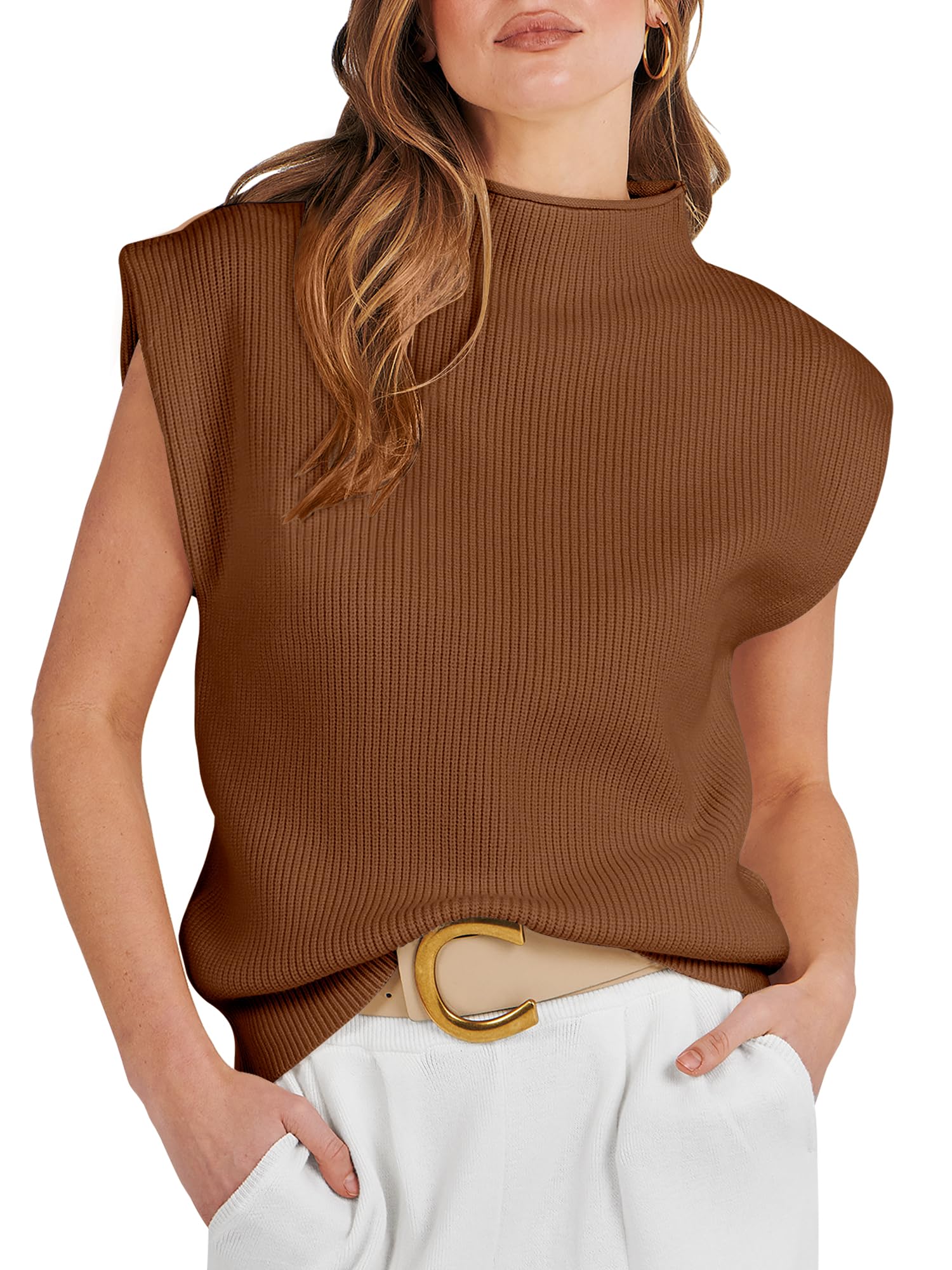 ANRABESS Women's Mock Neck Sleeveless Sweater Vest Casual Cap Sleeve ...