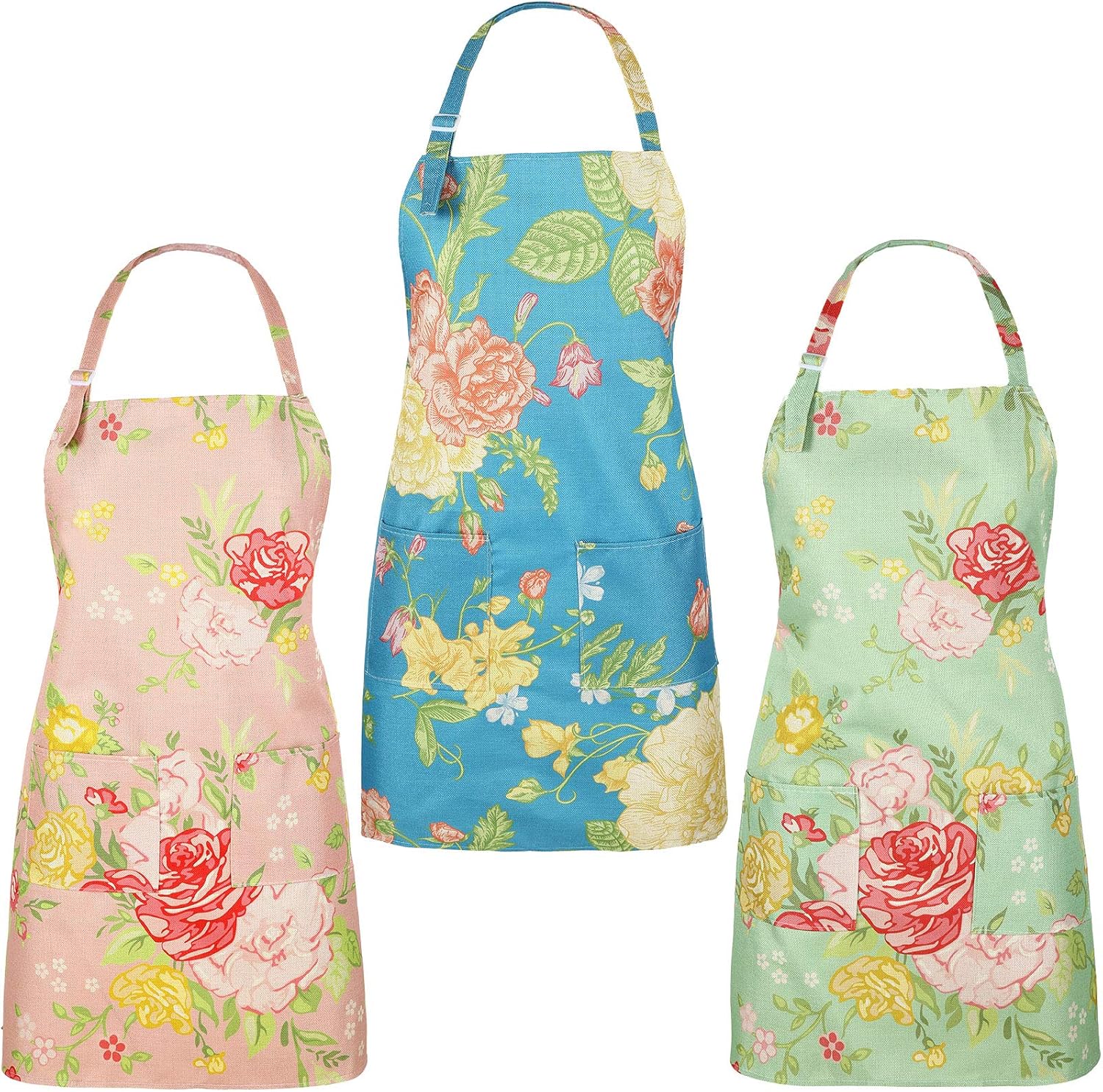 Jeere 3 Pieces Floral Aprons for Women Canvas Flower Apron Adjustable ...