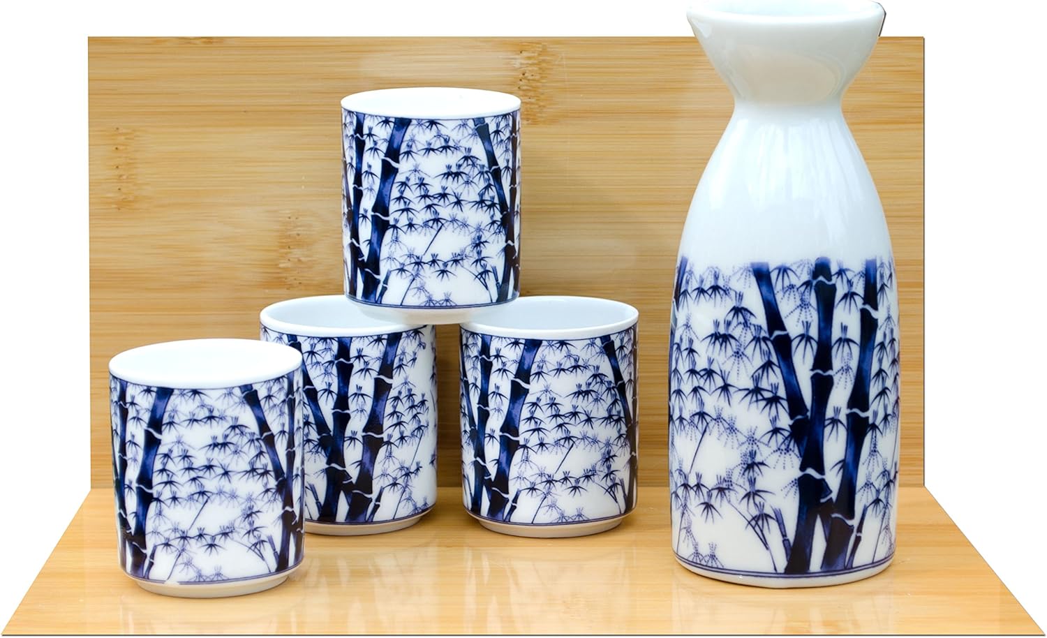 Bamboo Sake Set on White – Japanese 4 Cups – BigaMart