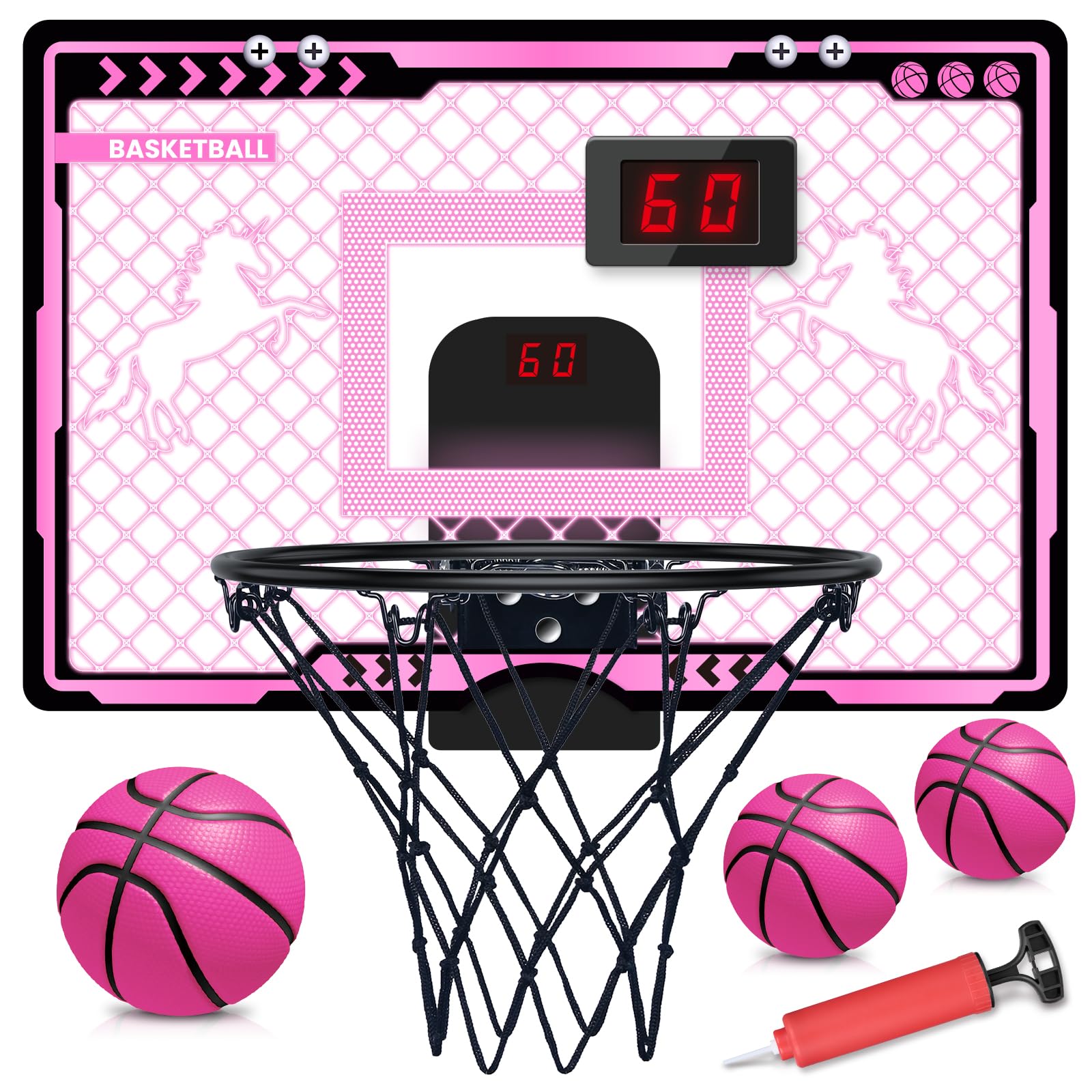 Indoor Basketball Hoop with Electronic Scoreboard and LED Light, Pink ...