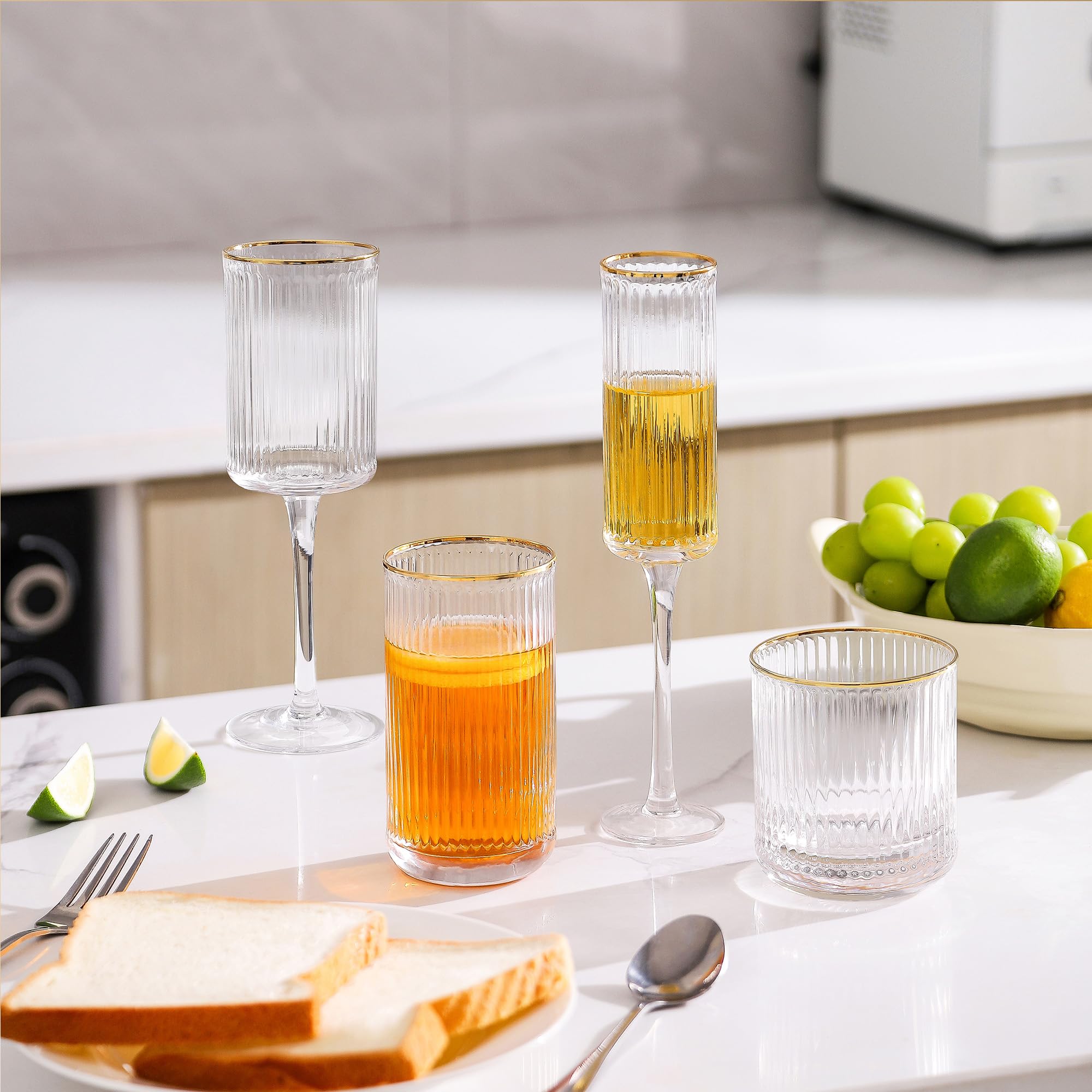 Lysenn Wine Glasses, Ribbed and Fluted Vintage Glassware Set Includes ...