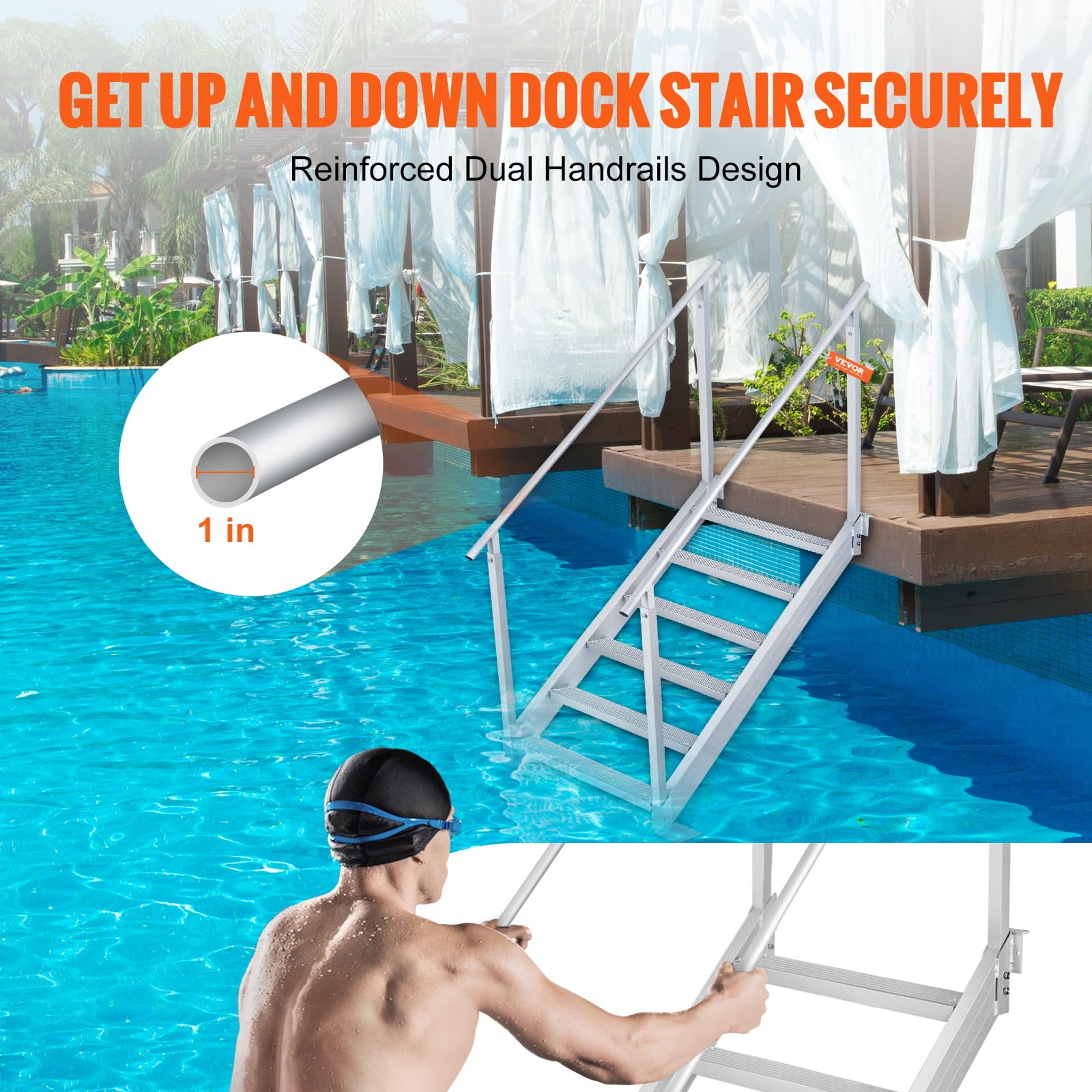VEVOR Dock Ladder 6 Steps, 500lbs Load Pool Steps, Adjustable Height ...