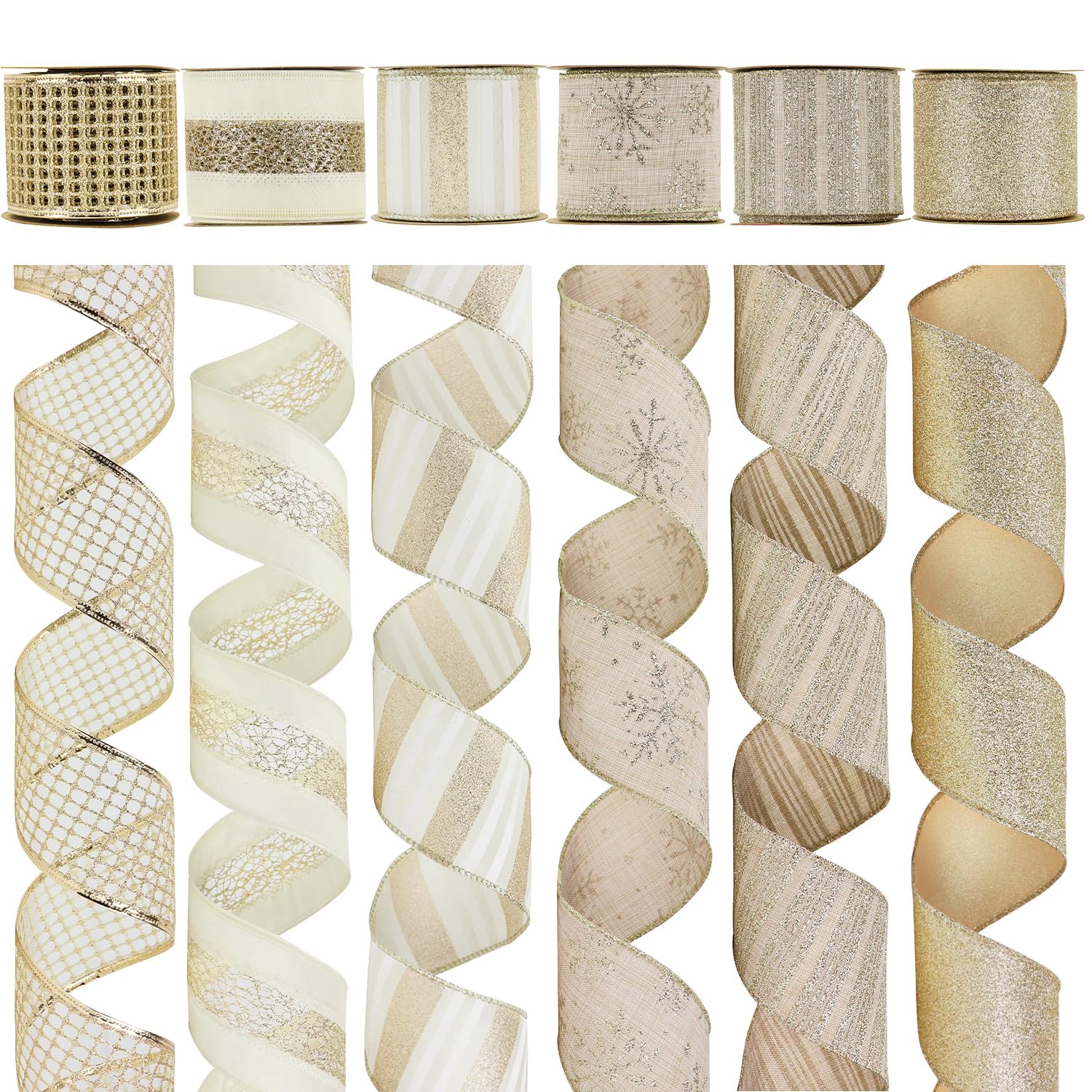 HUIHUANG Champagne Gold Christmas Tree Ribbon Christmas Ribbon Wired ...