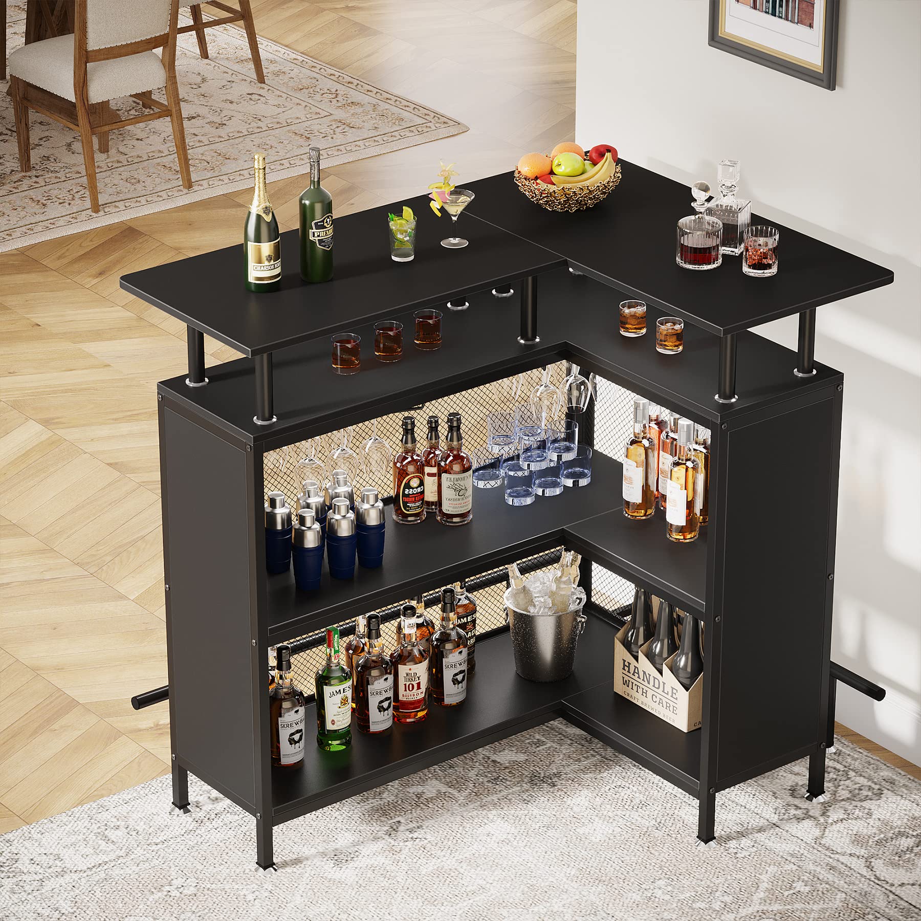 Mua Tribesigns Home Bar Unit, L-Shaped Bar Table with Stemware Racks and 2-Tier Shelves, Corner ...