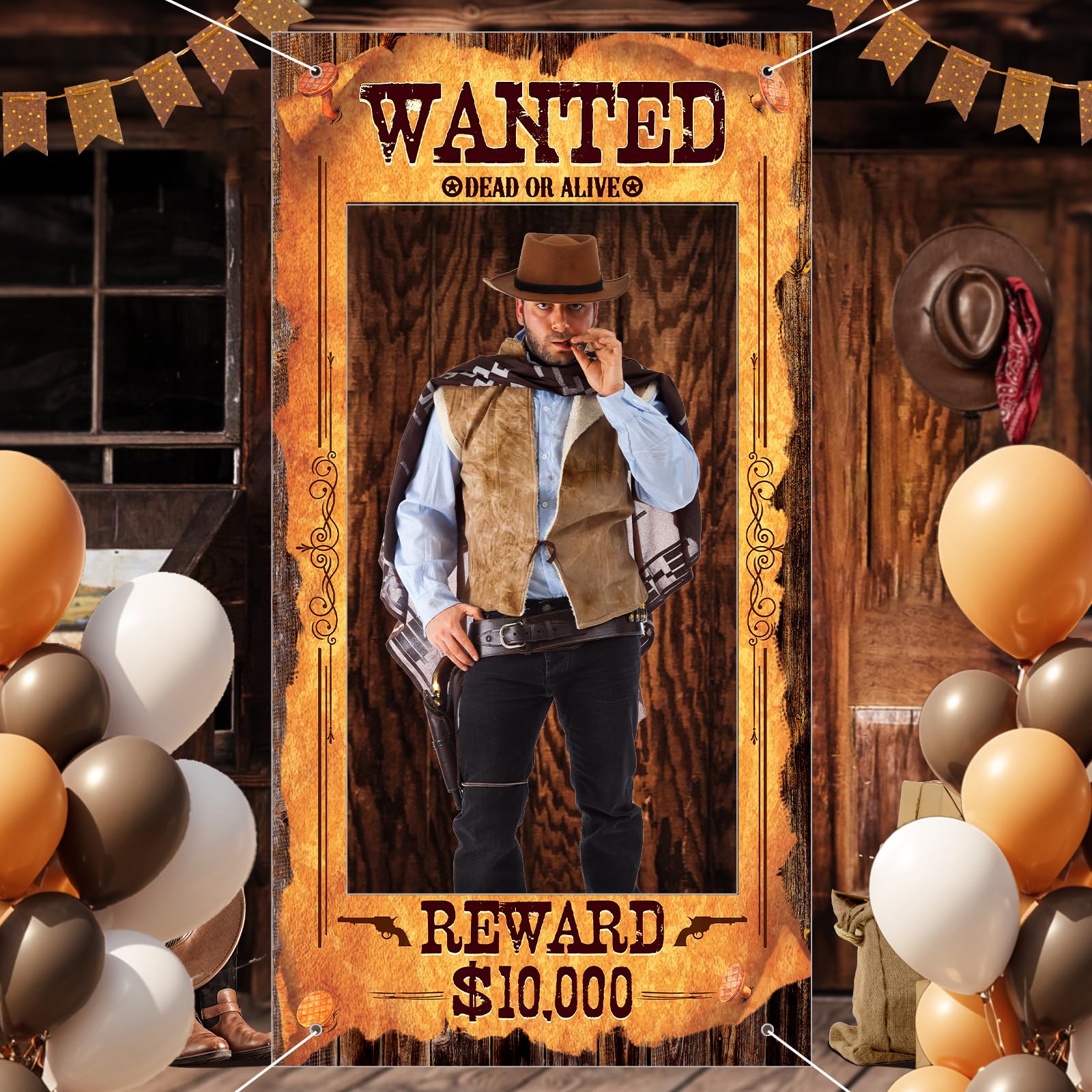 Large Cowboy Party Decoration Western Wanted Photo Banner Fun Frame ...