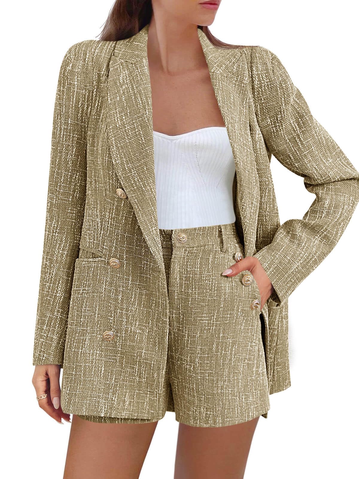 Cicy Bell Womens 2 Piece Tweed Blazer Shorts Sets Long Sleeve Double ...