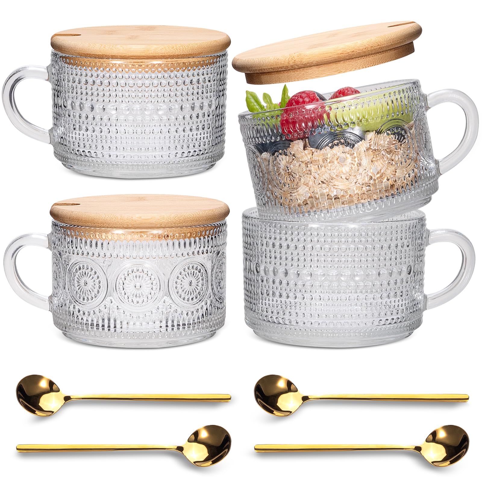 Vintage Coffee Mugs 4pcs Set, Clear Embossed Tea Cups with Bamboo Lids ...