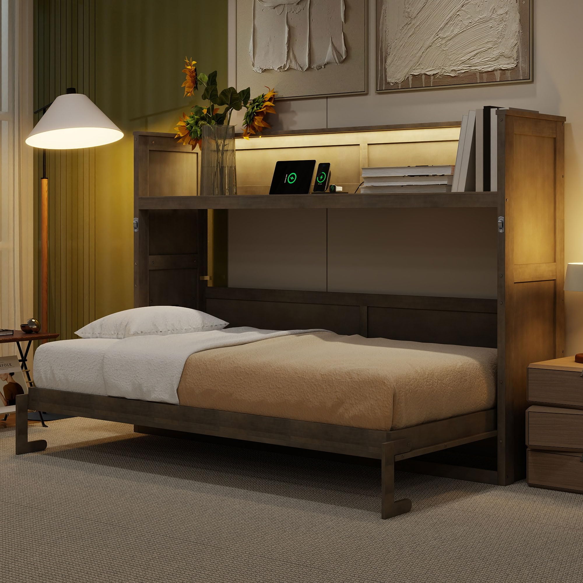 Twin XL Size Murphy Bed Cabinet Bed with Desk and USB Charging Station ...