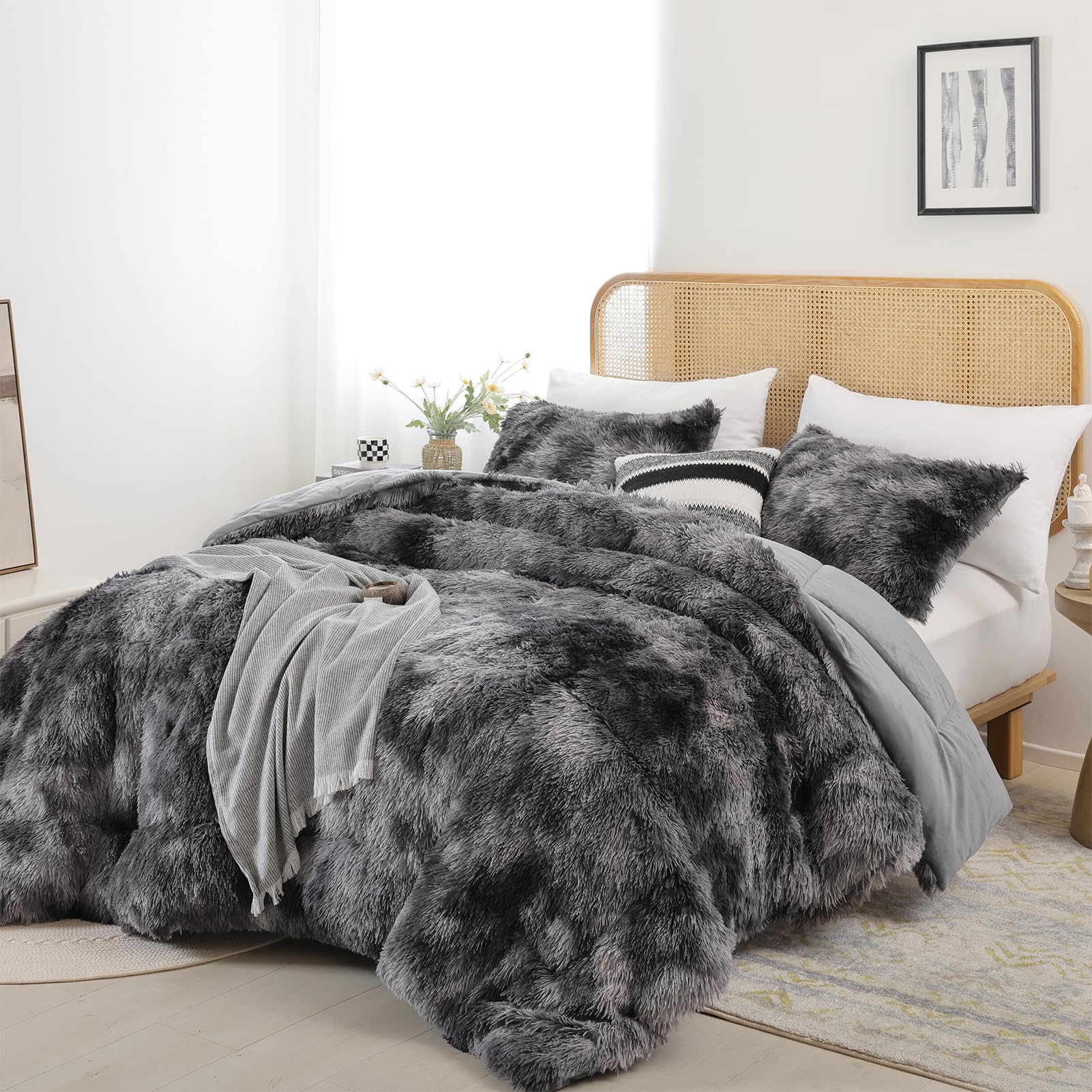 Smoofy Fluffy Queen Comforter Set, Faux Fur Comforter Set Queen Size ...