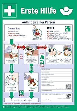 Aushang Erste Hilfe nach DGUV | PVC 59 x 41 cm | gemäß DGUV Information 204-001 | Schild ...
