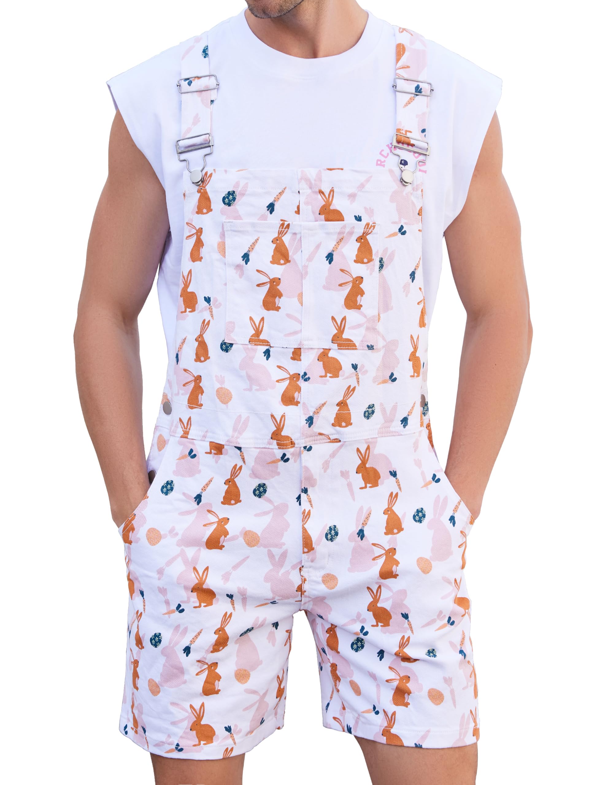 Bindefon Bunny Overalls for Men Casual Bib Jumpsuits Short Jeans Work ...