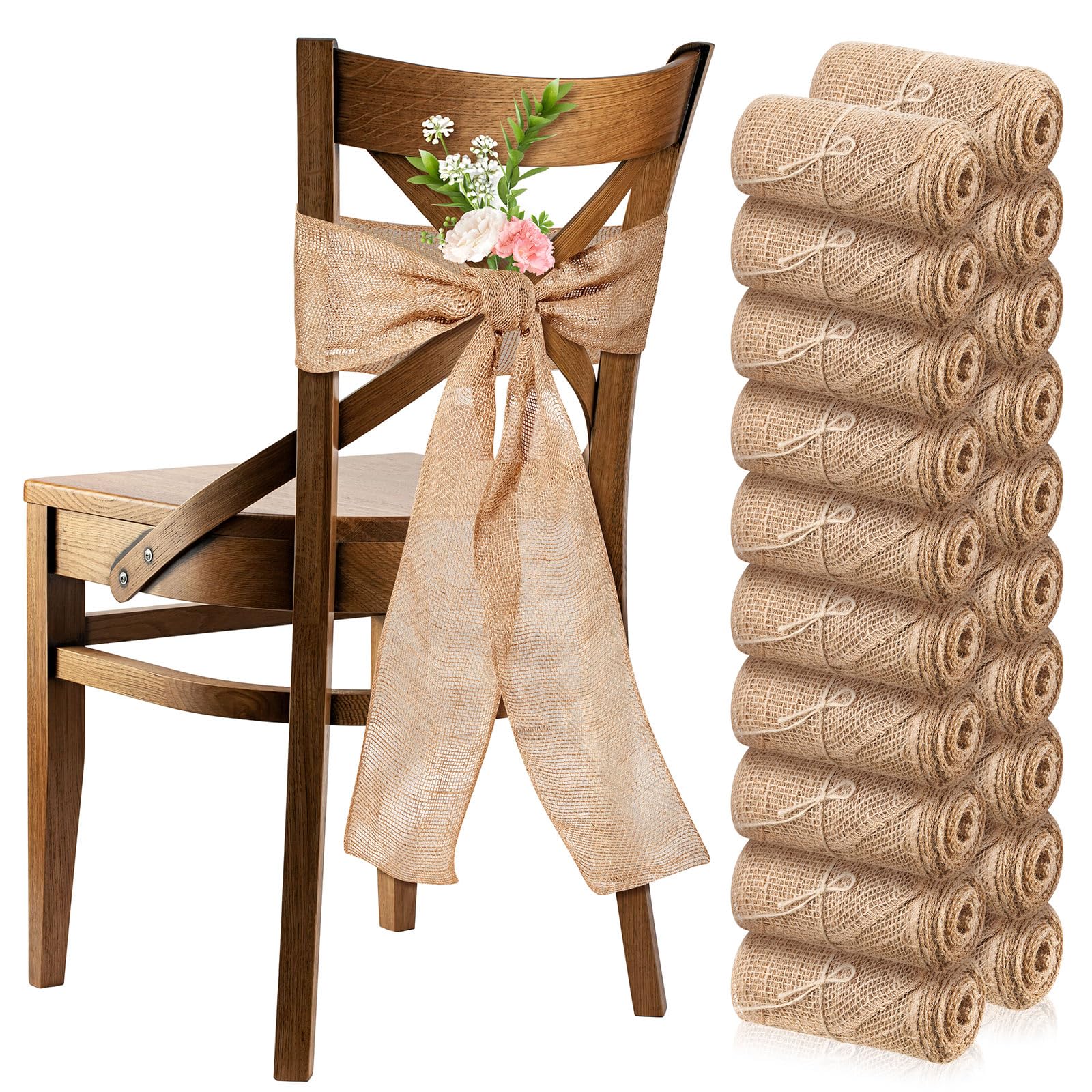 Jecery 50 Pcs Burlap Chair Bows Sashes Ribbon Pack Wedding Natural ...
