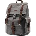 Kattee Men's Leather Canvas Backpack Large Bag Travel Rucksack Black ...