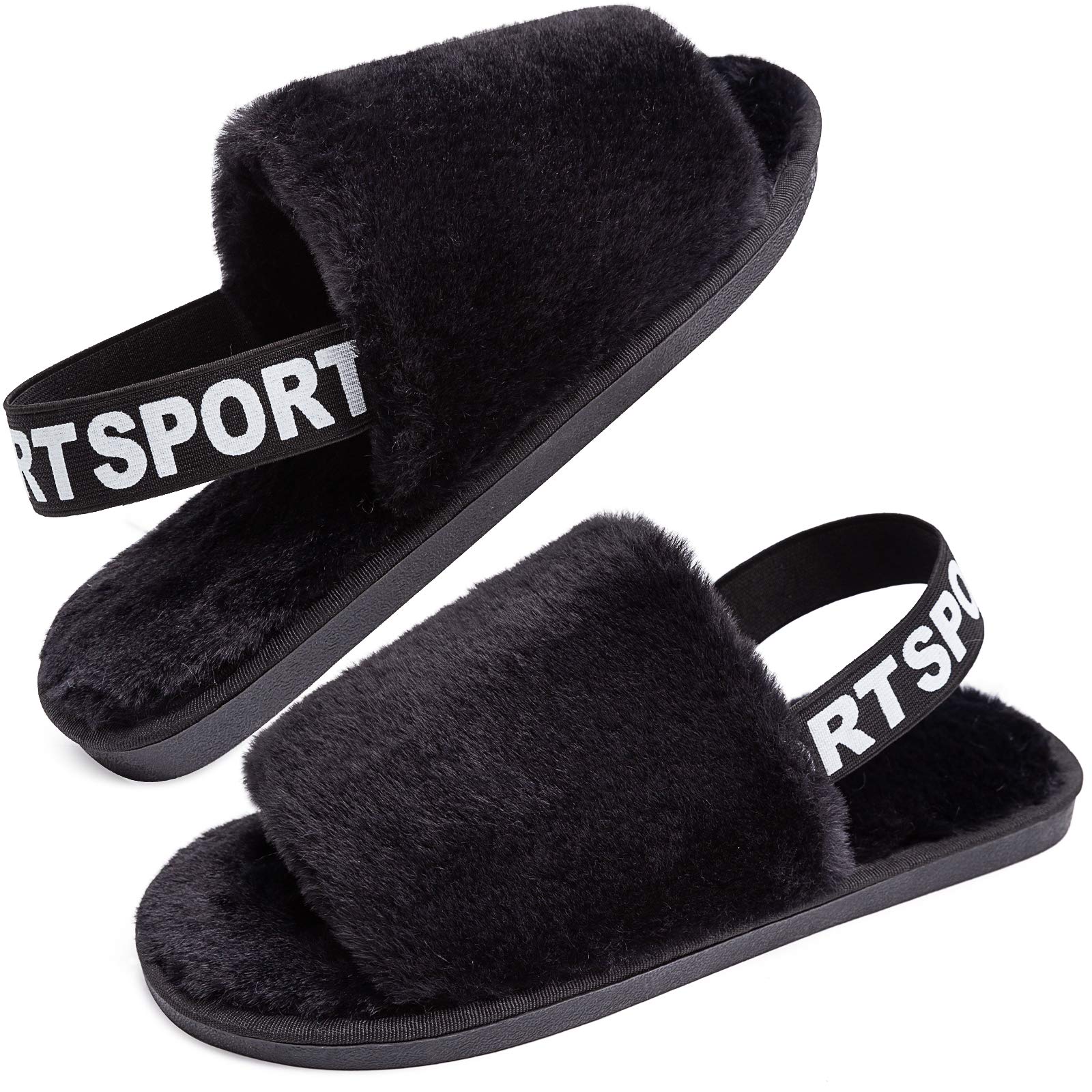 Eichzhushp Womens Leopard Fuzzy Slippers Soft Plush Open Toe Faux Fur ...