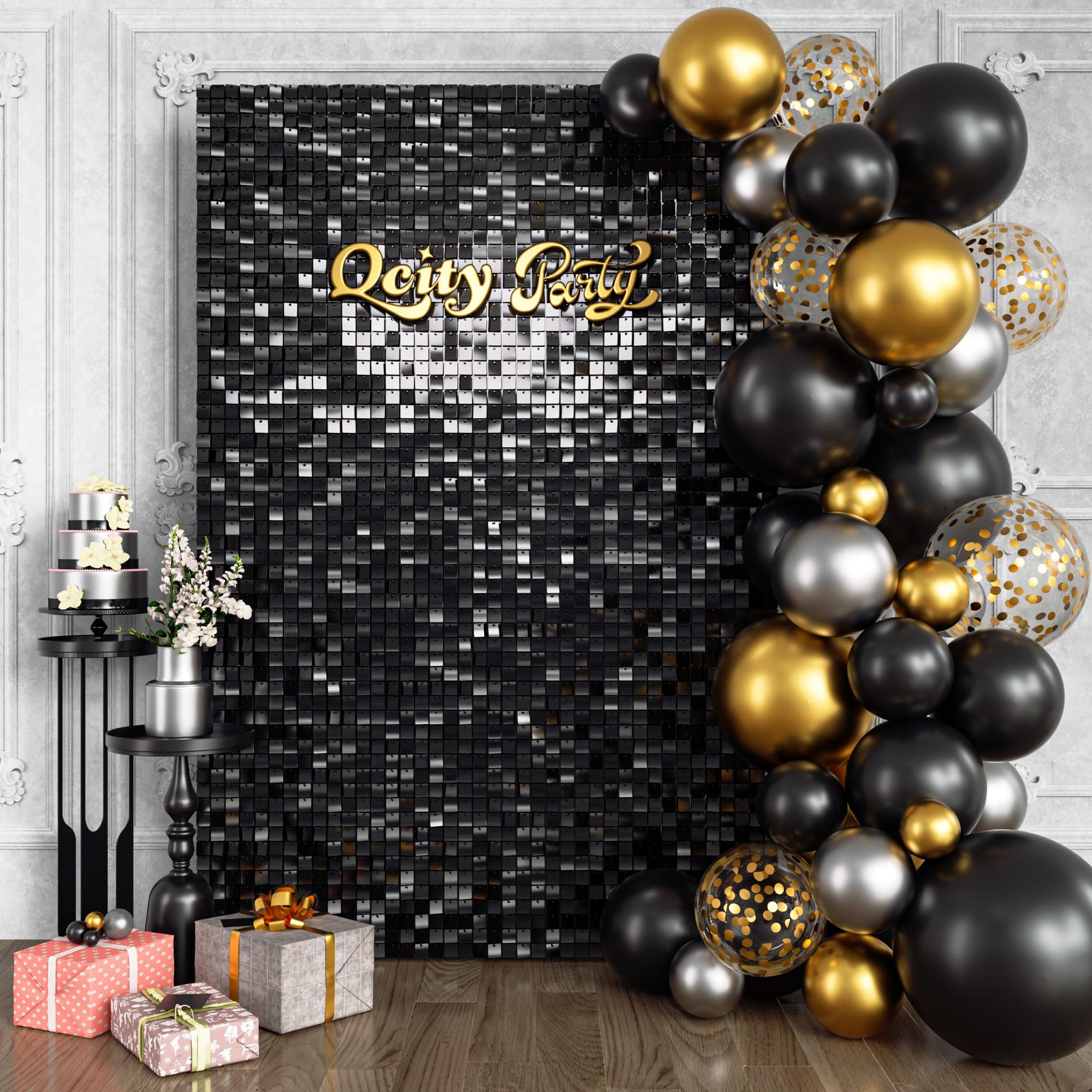 Qcity Black Shimmer Wall Backdrop 24PCS, Black Back Not See-Through ...