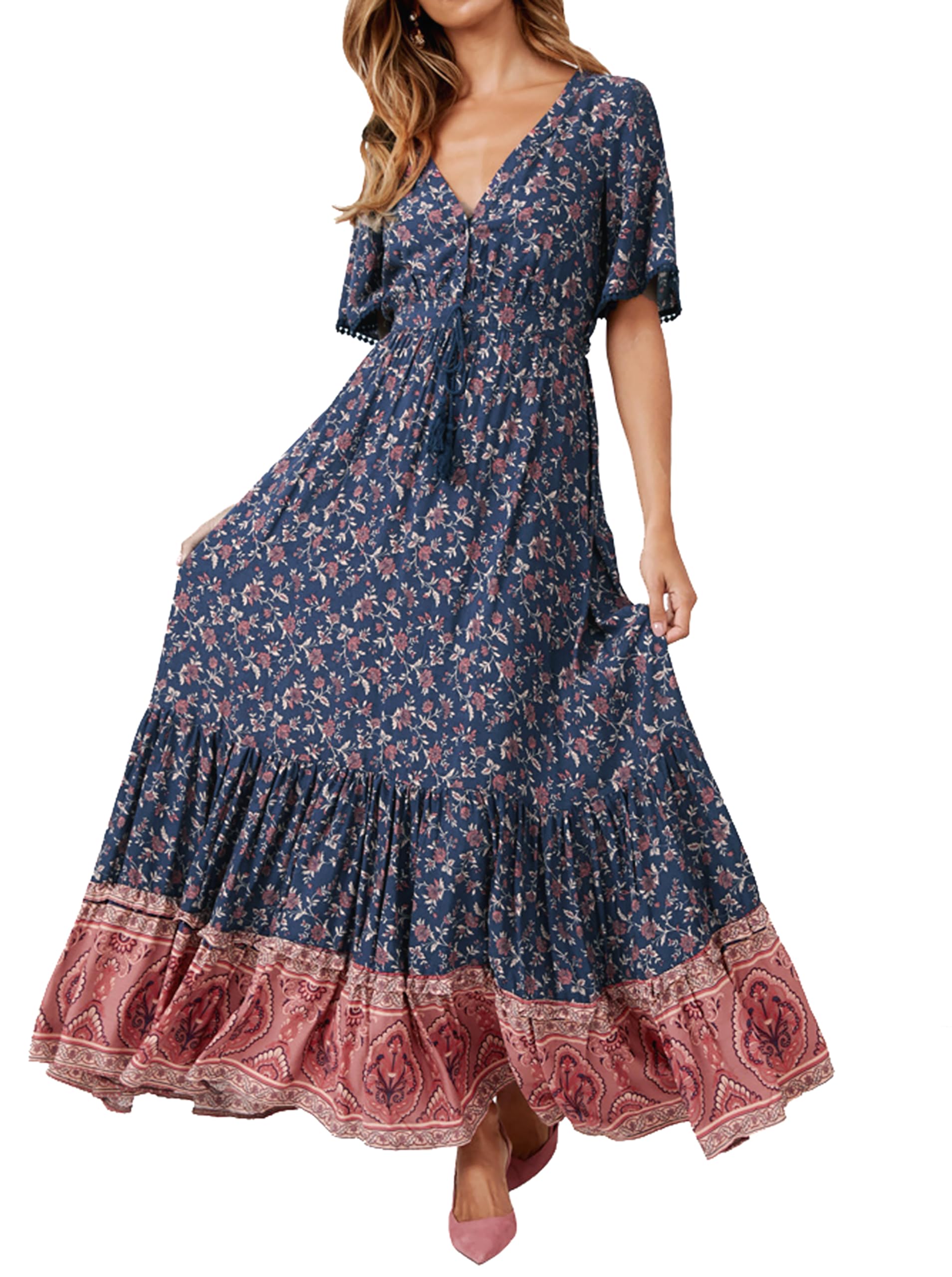 R.Vivimos Womens Summer Cotton Short Sleeve V Neck Floral Print Casual Bohemian Midi Dresses ...