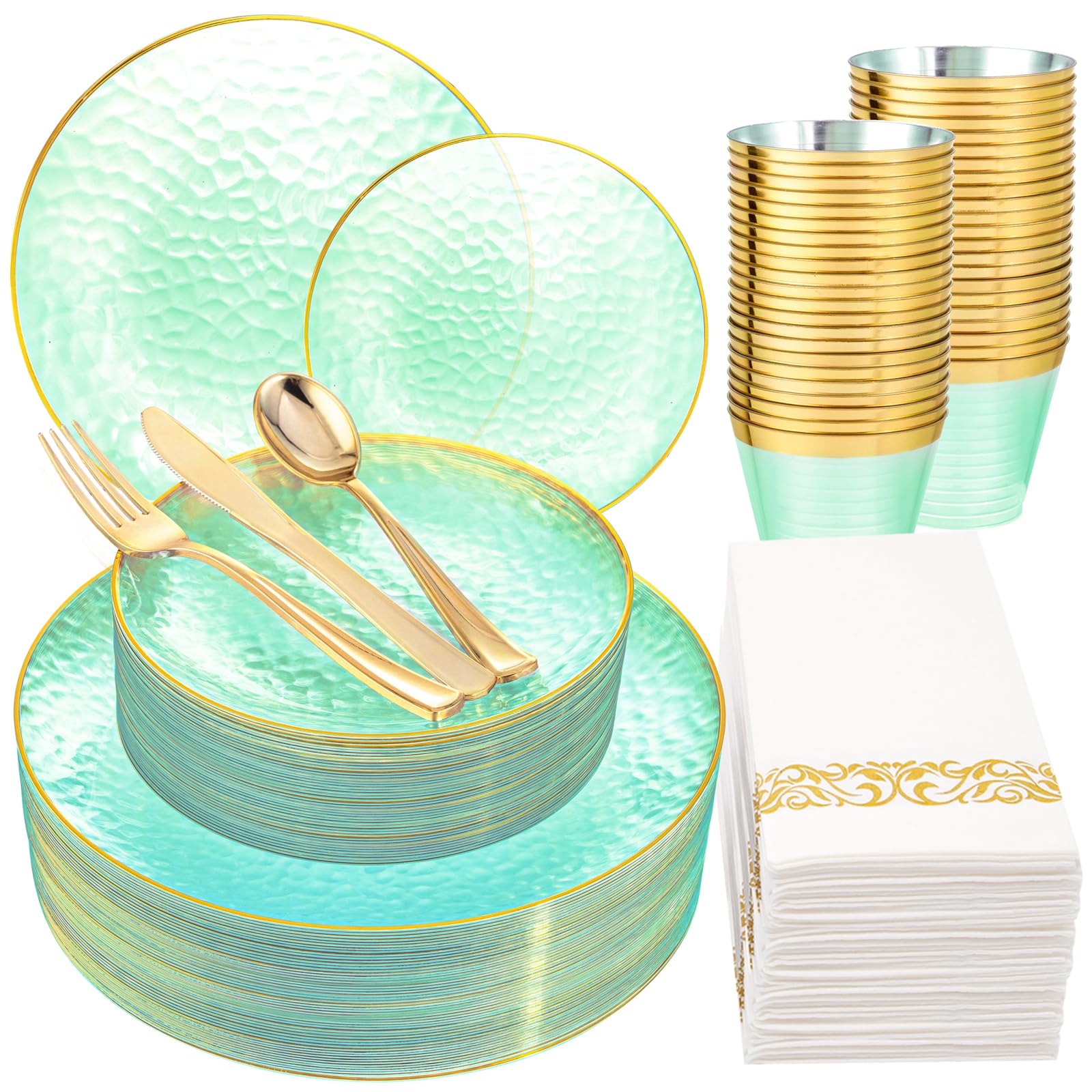 DaYammi 350 Pcs Clear Green Gold Plastic Plates, Hammered Disposable ...