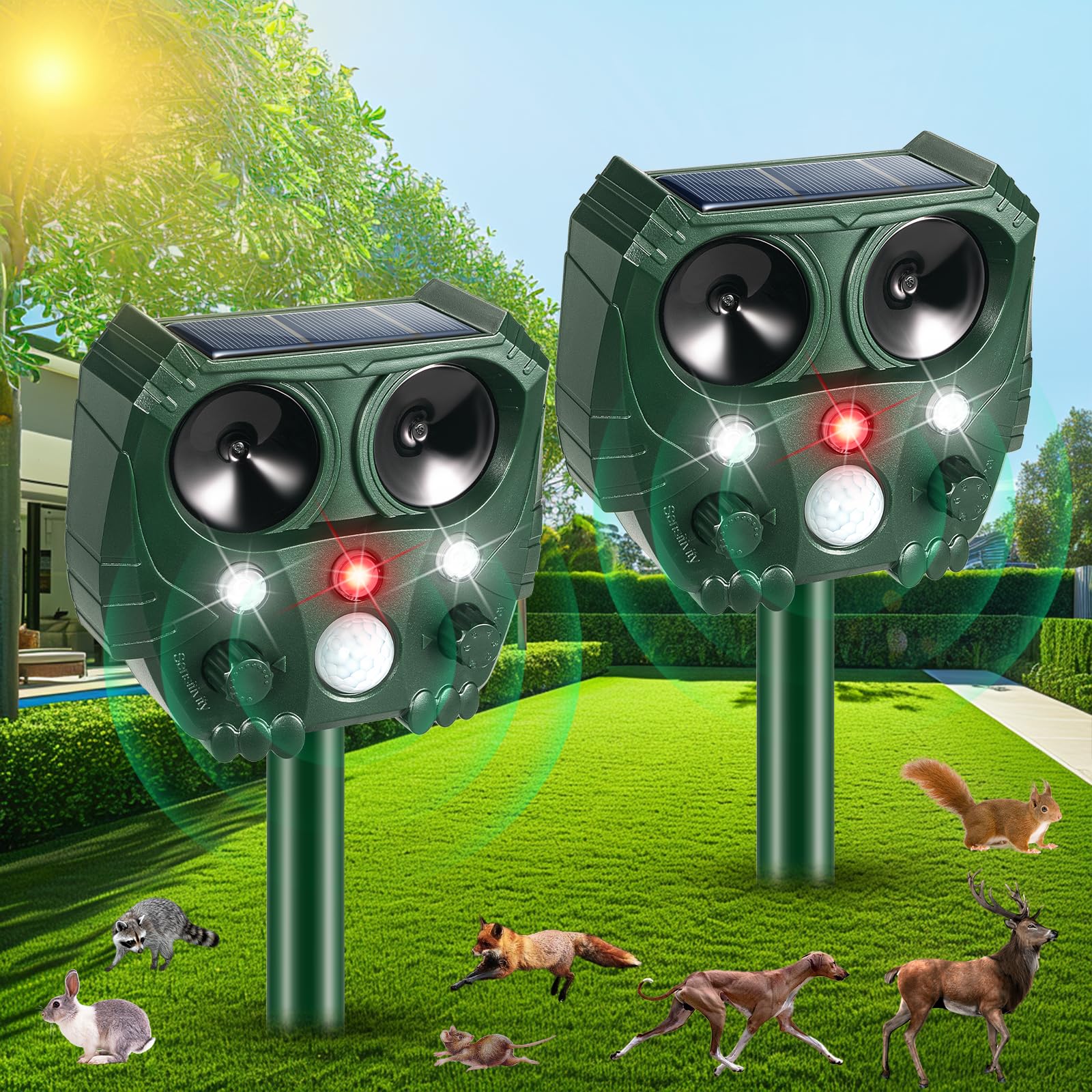 2 Pack 2025 Solar Ultrasonic Repellent Outdoor Cat Squirrel Skunk Deer ...