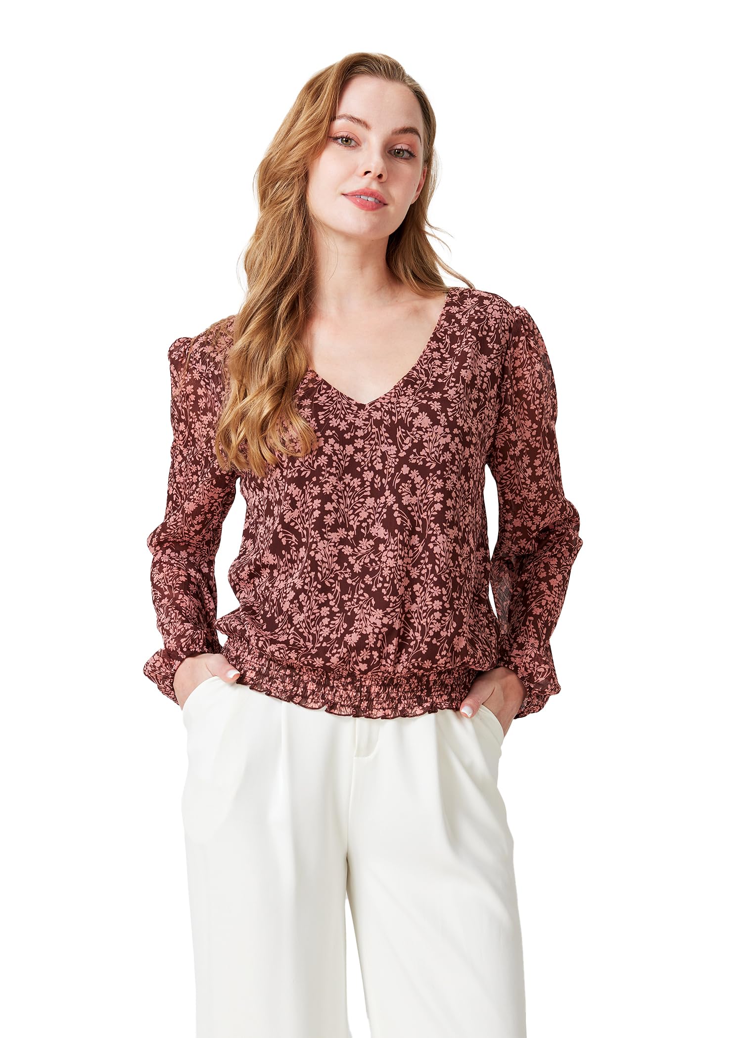 TUREAU Women Long-Sleeve Chiffon Blouse,V-Neck Business Causual Outfits ...