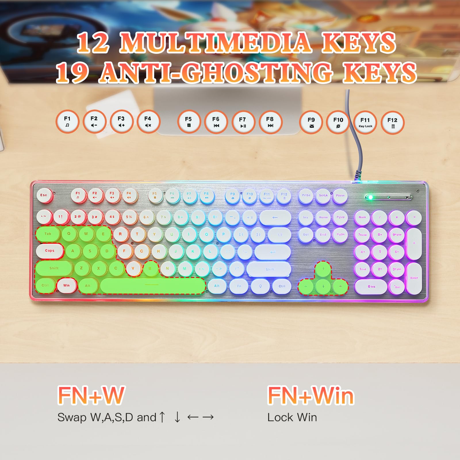 Mua Typewriter Style Keyboard with Metal Panel, Rainbow LED Backlit ...