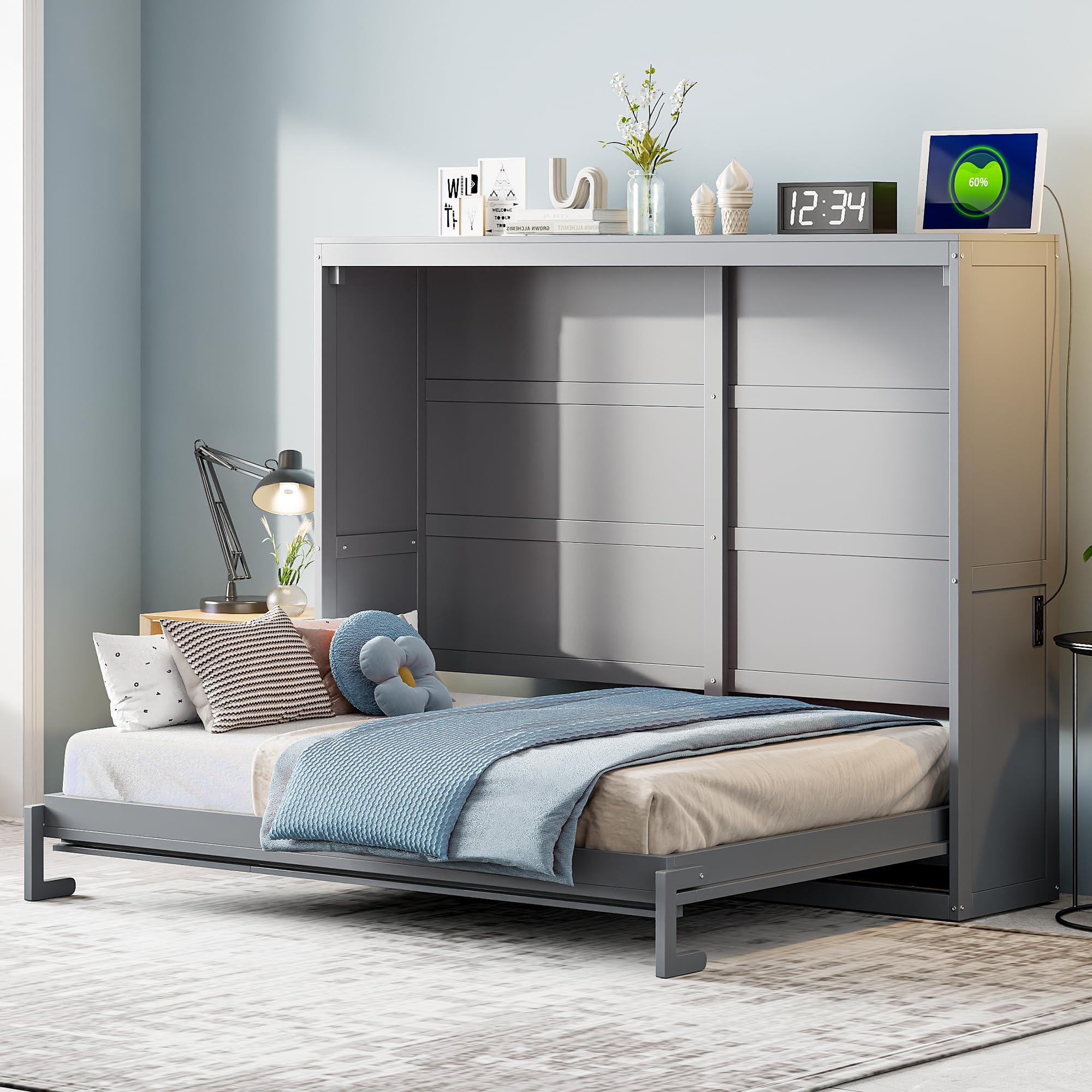 Merax Queen Size Murphy Bed Wall Bedframe with USB Charging Station ...