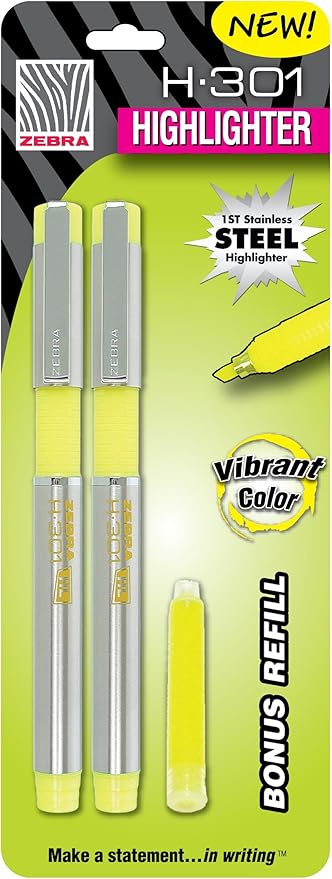 Zebra H-301 Stainless Steel Highlighter with Bonus Refill, Chisel Tip ...