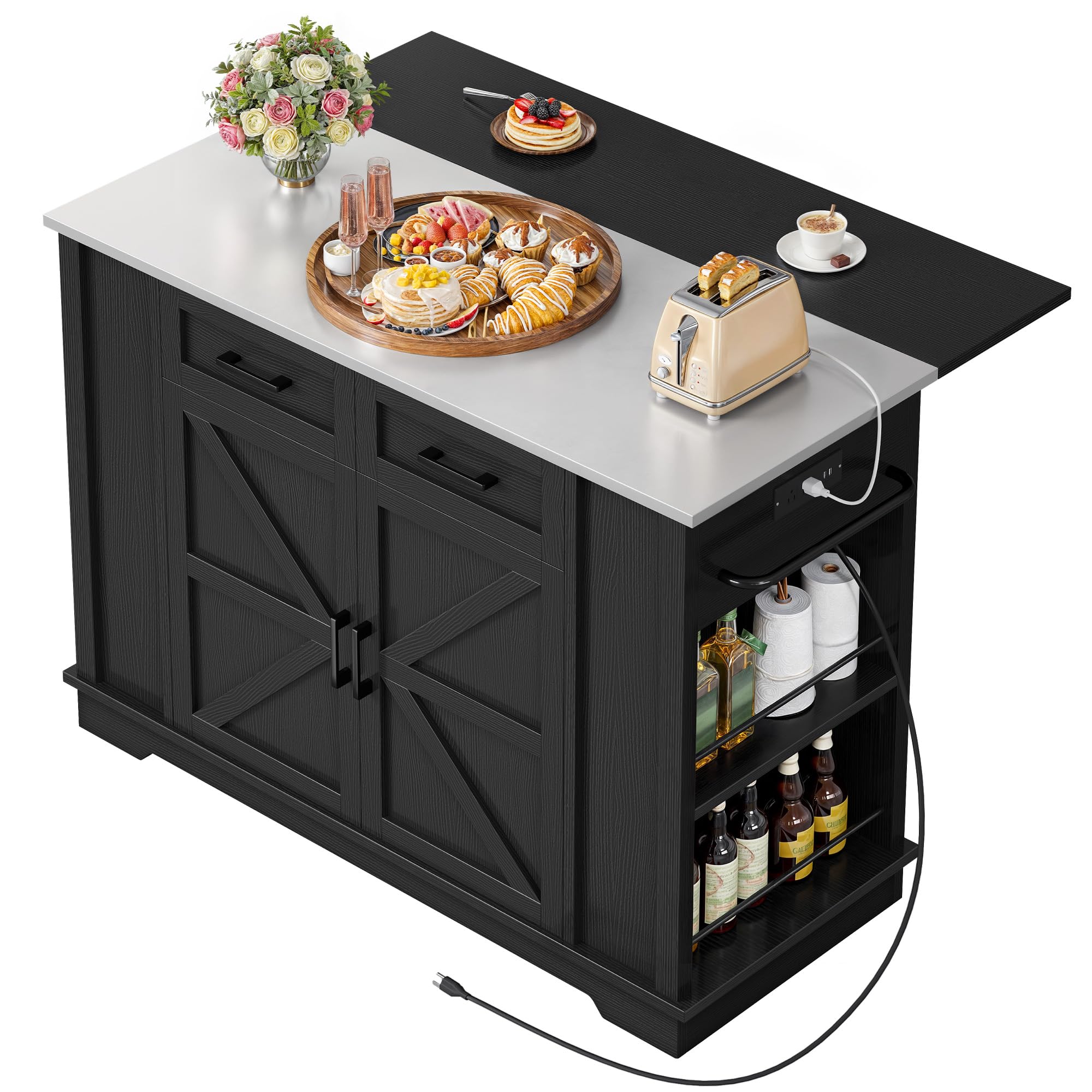 DWVO Kitchen Island w Stainless Steel Top Drop Leaf Bar Seating Power ...