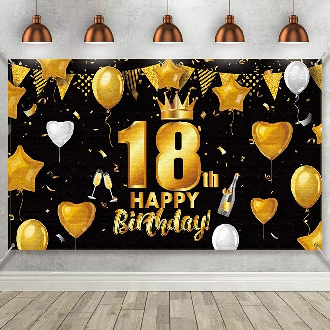 18th Birthday Black Gold Party Decoration, Large Fabric Black Gold Sign ...