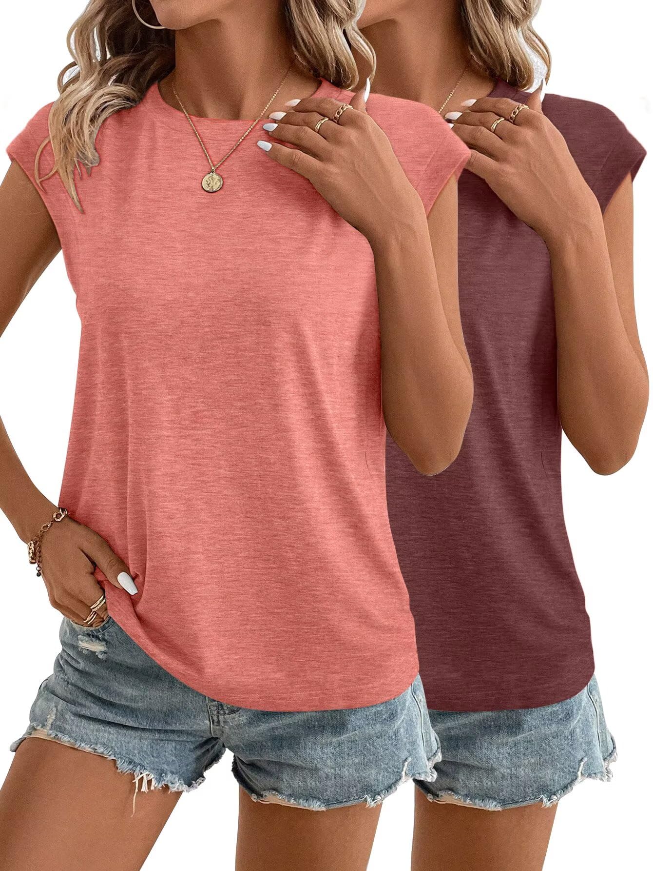 Bliwov 2 Pack Womens Tops Cap Sleeve T Shirts Summer Spring Basic ...