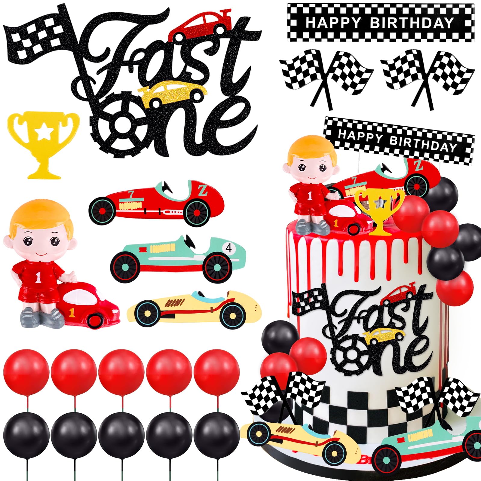 MEMOVAN Race Car Cake Topper Red Black Balls Cake Toppers Fast One Cake ...