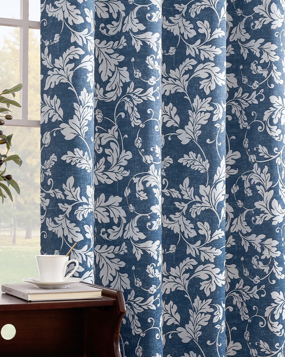 jinchan 100% Blackout Curtains for Bedroom, Blue Scroll Leaf Patterned ...
