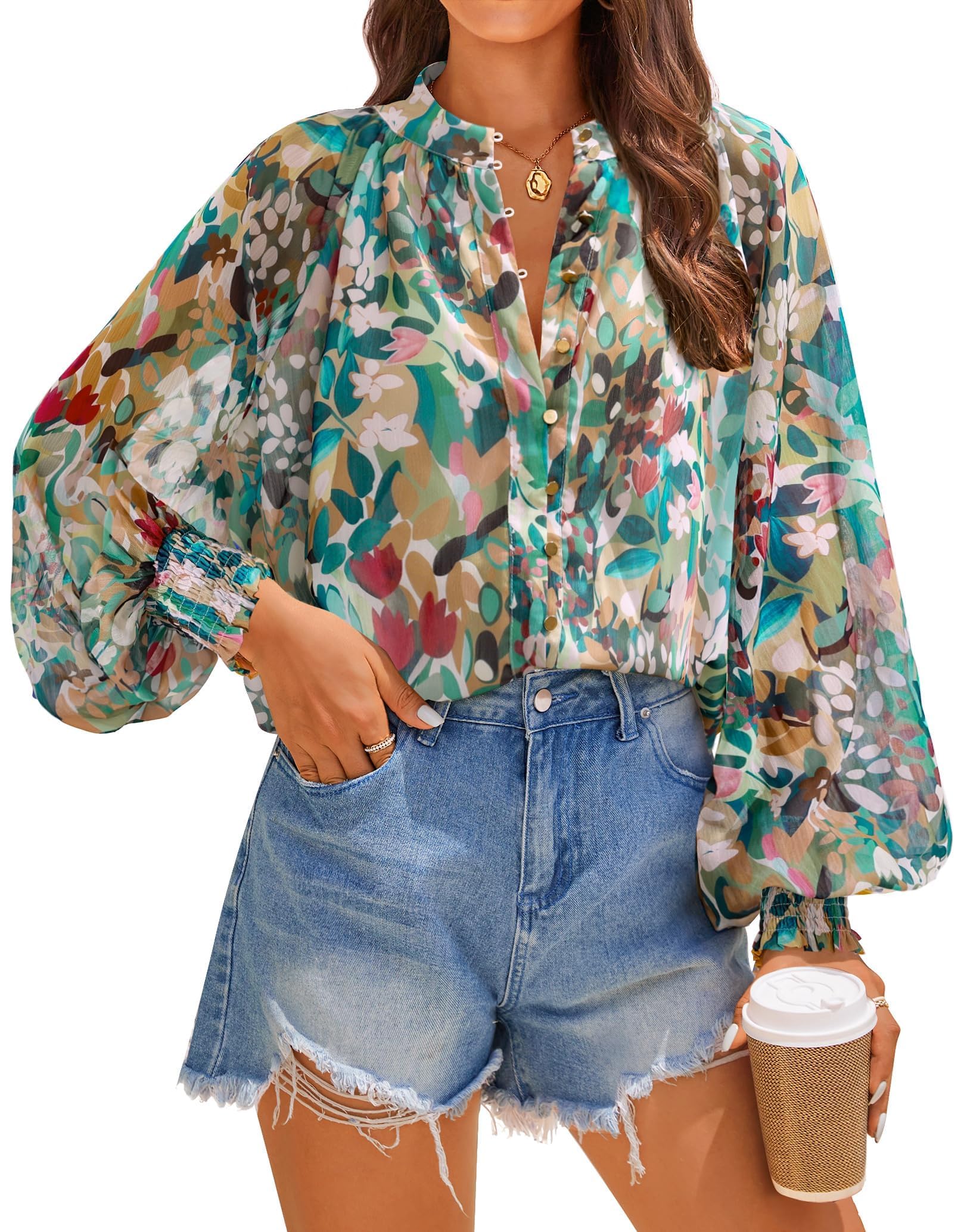 Zesica Women S Floral Print Blouse 2025 Long Sleeve Button Down Casual