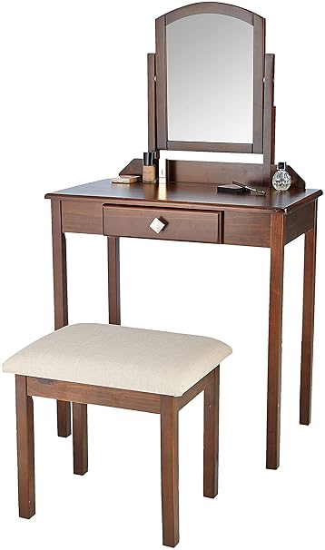 AmazonBasics Solid Wood Classic Dressing Table Set with Stool ...