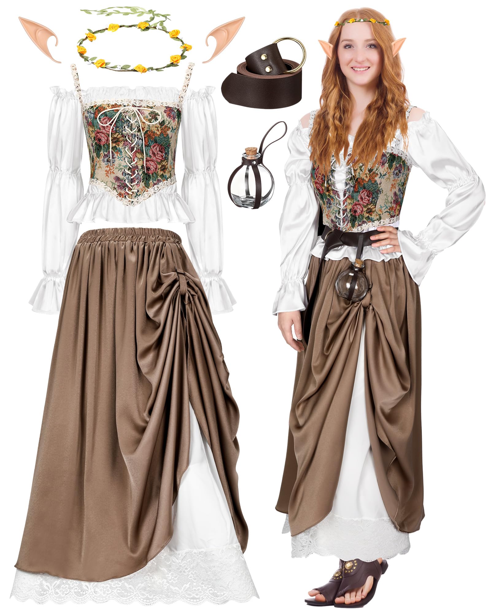 Skicuff 7 Pcs Renaissance Medieval Fairy Costume Set Floral Corset ...