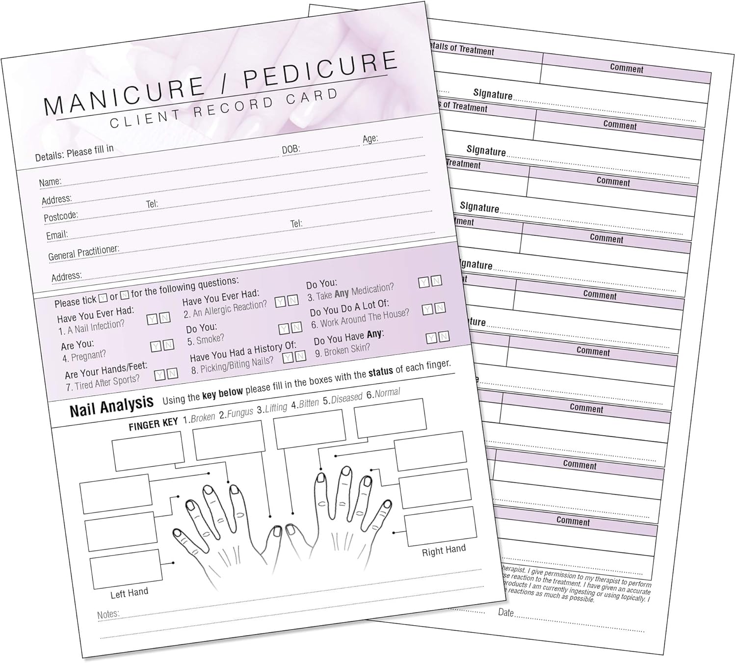 Manicure Pedicure Client Record Card – Treatment Consultation Form for ...