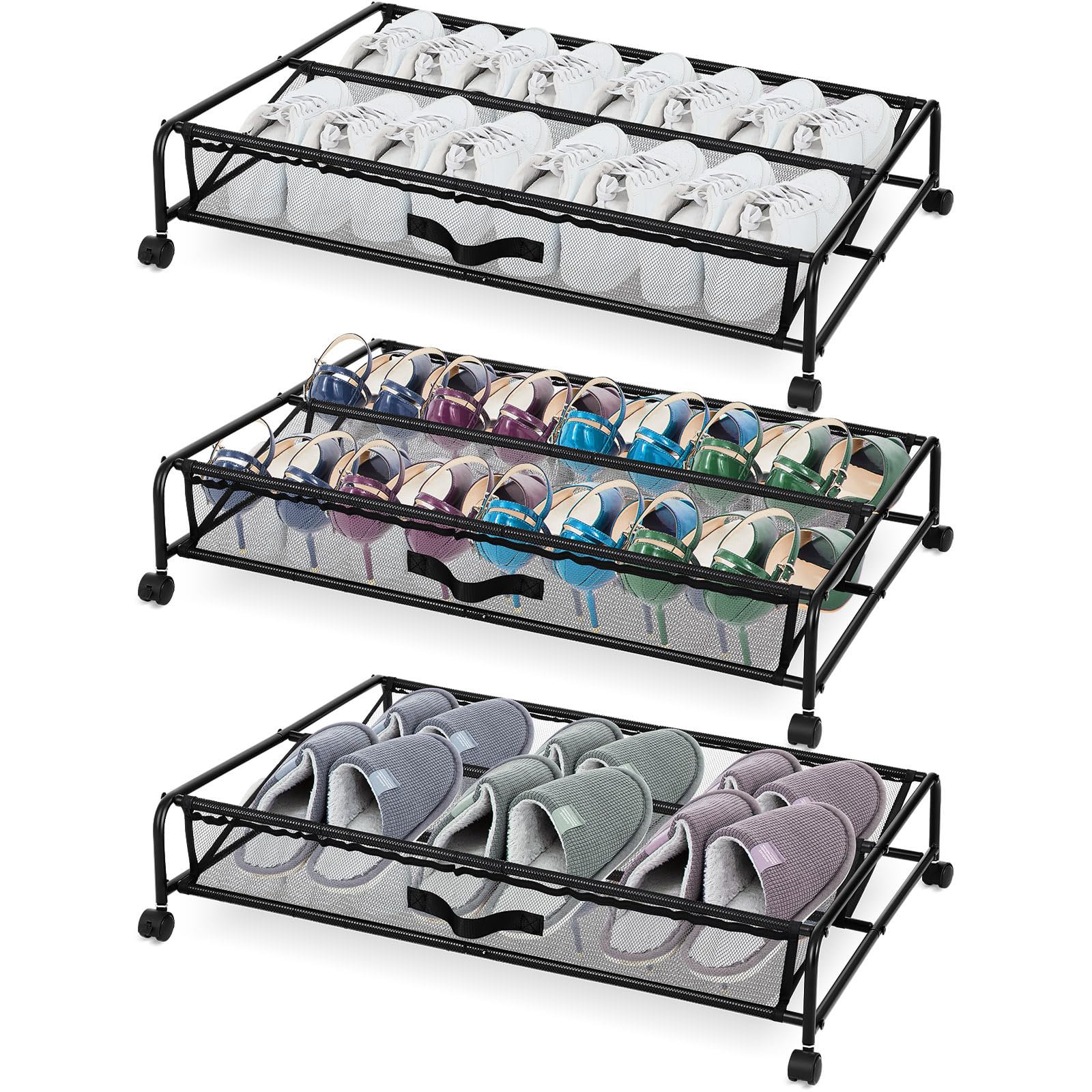 Teenyyou 3 Packs Under Bed Shoe Storage Organizers with Wheels Large ...