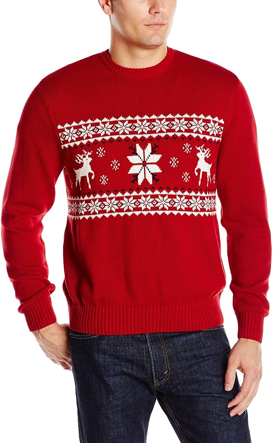 Dockers Men's Reindeer and Snowflake Crew Sweater, Red, Medium at ...