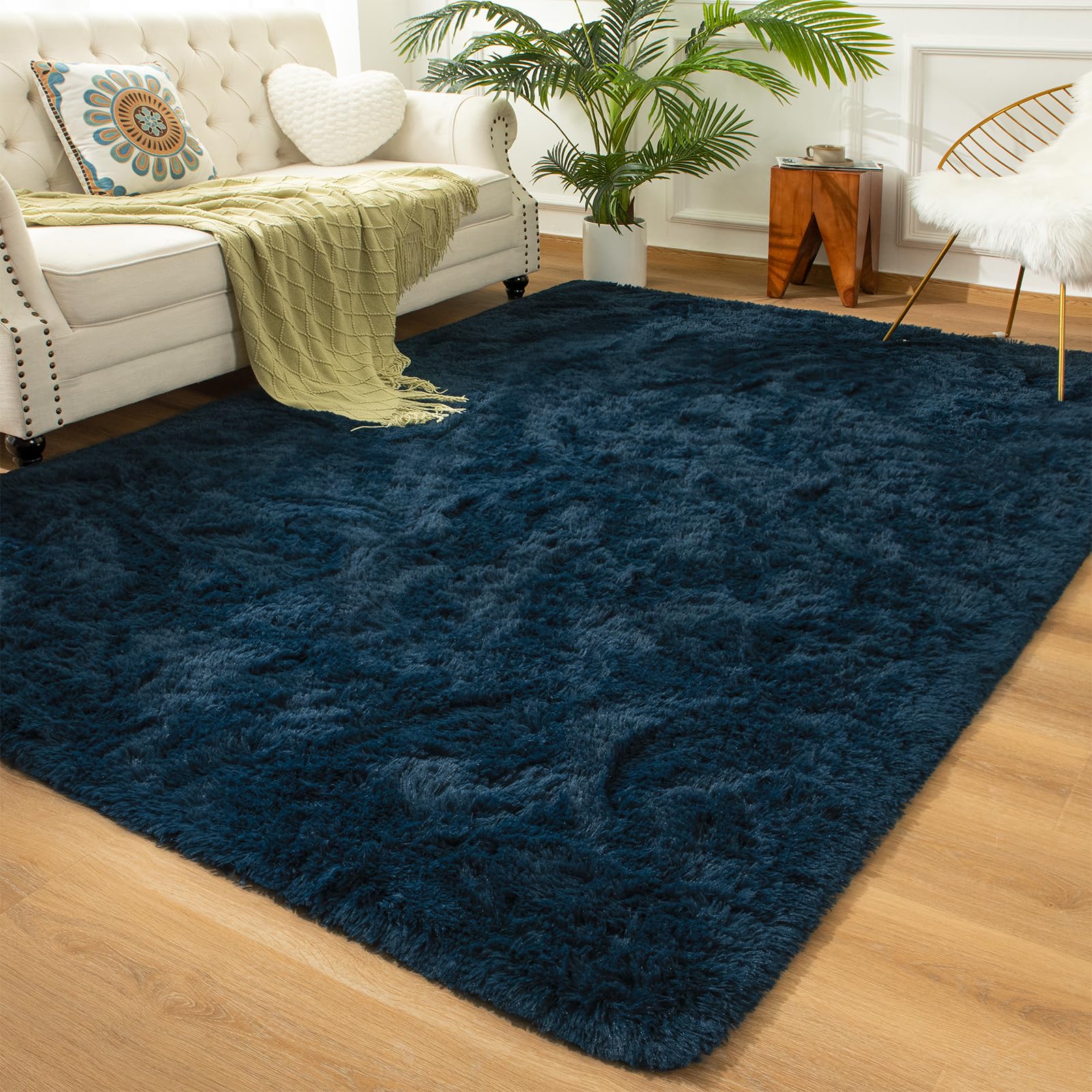 Andecor Shag Area Rug for Living Room, 8x10 Feet Navy Blue Soft Fluffy ...
