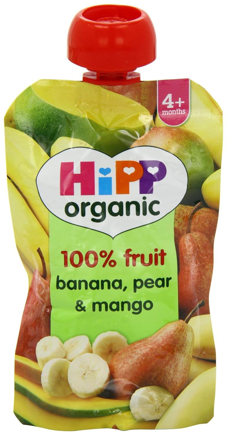 HiPP Organic From 4 Months Banana Pear and Mango Fruit Pouch 100 g (Pack of 2, Total 10 Pouches ...