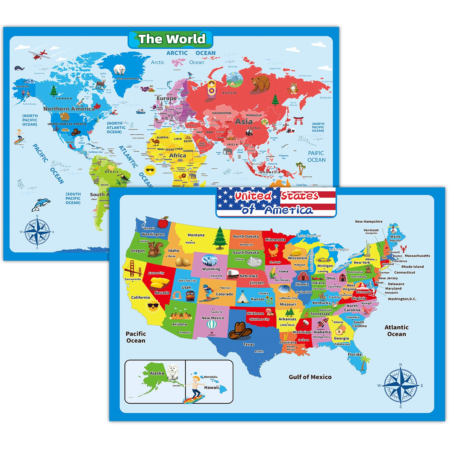 Buy World & United States for Kids Wall- 2 Pack 17.3x24 Inch ...