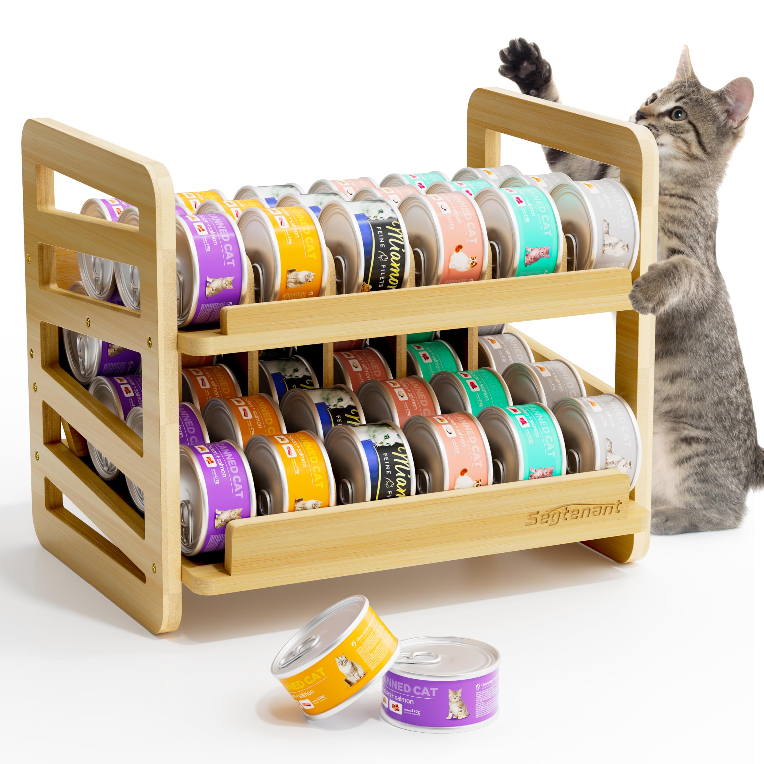 Rolling Bamboo Cat Food Can Organizer, 2-Layer Wet Cat Food Organizer ...
