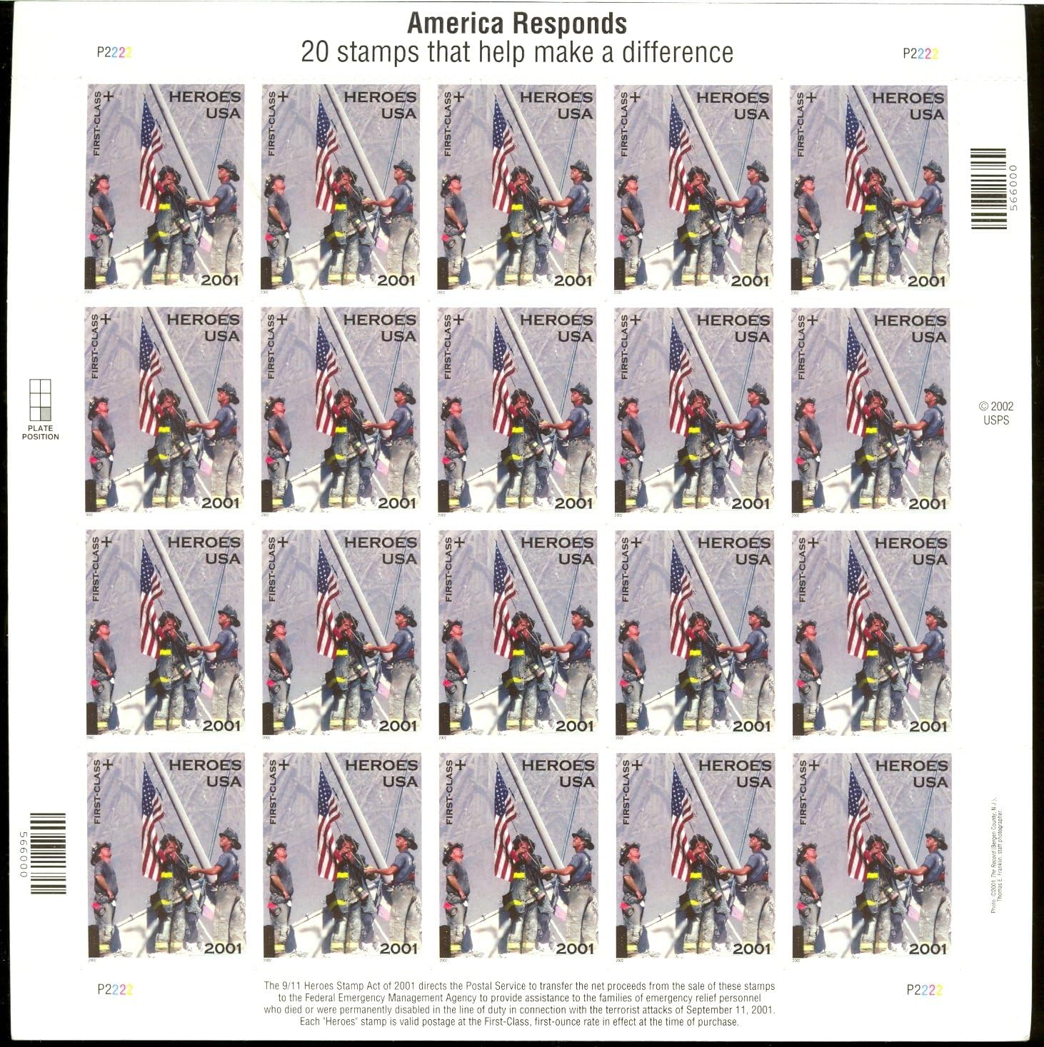 USPS Stamp Sheet-2001 America Responds 20 stamp sheet Heroes USA by ...