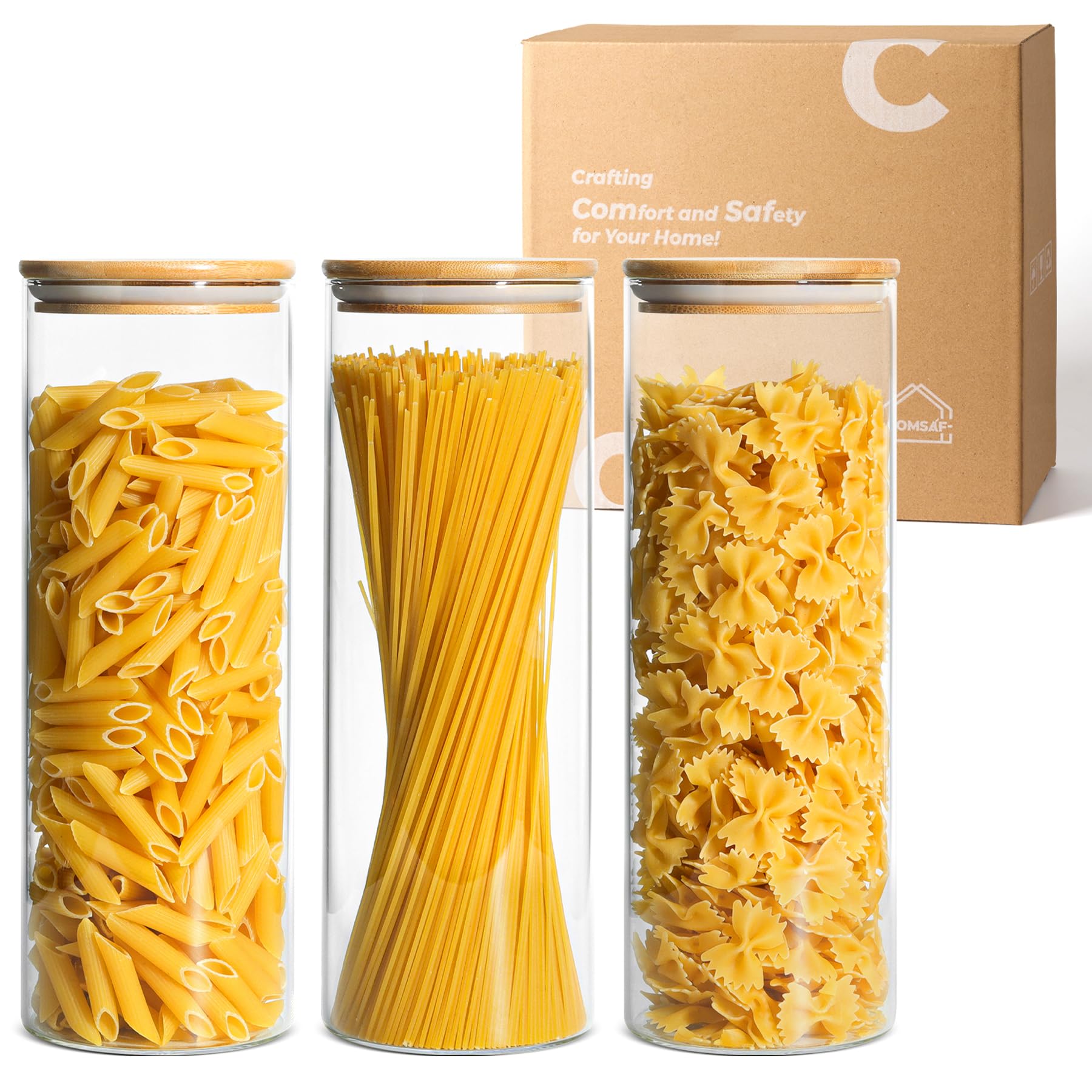 ComSaf Glass Spaghetti Pasta Storage Container with Lids 70oz Set of 3 ...