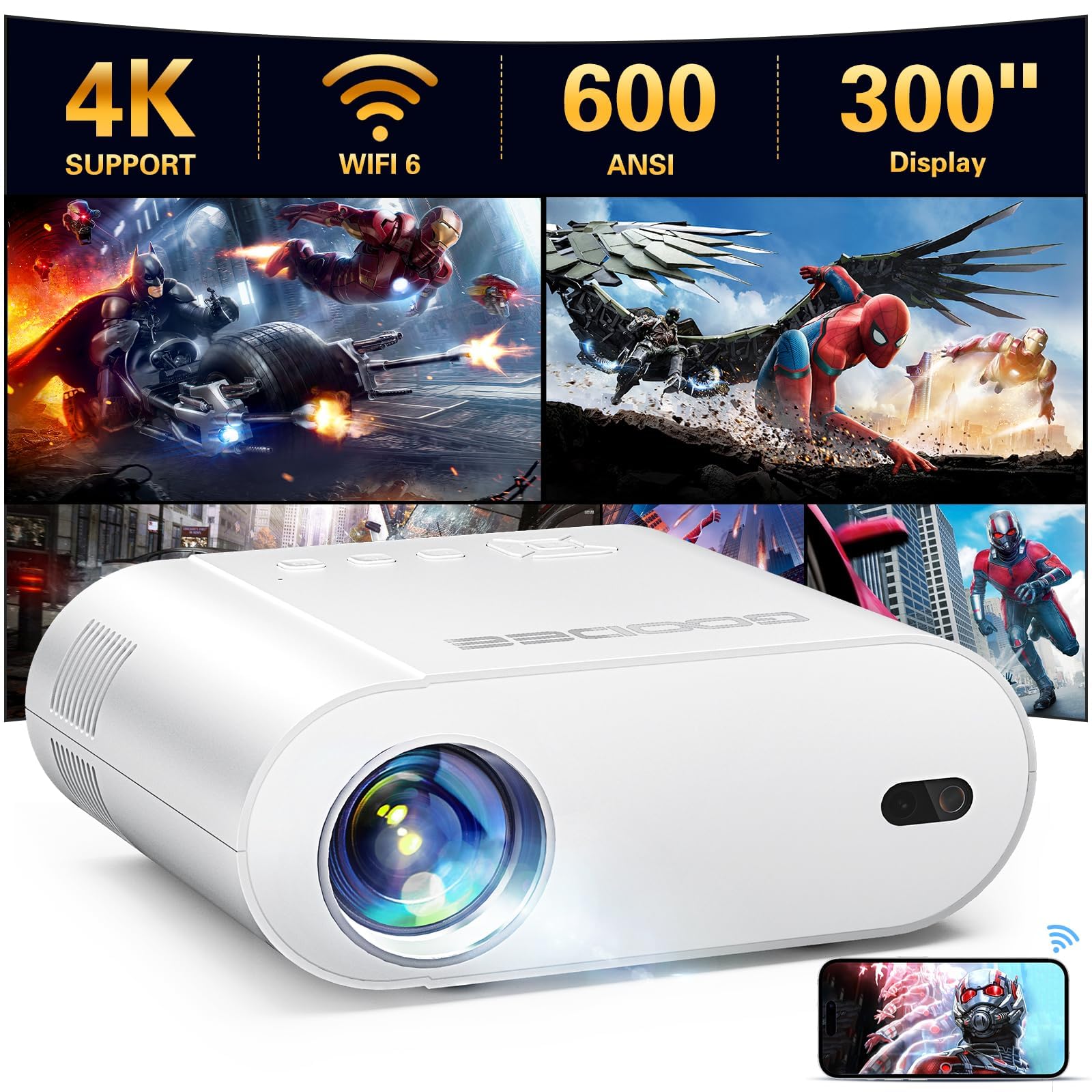 GooDee 4K Mini Projector with WiFi and Bluetooth, Auto Keystone ...