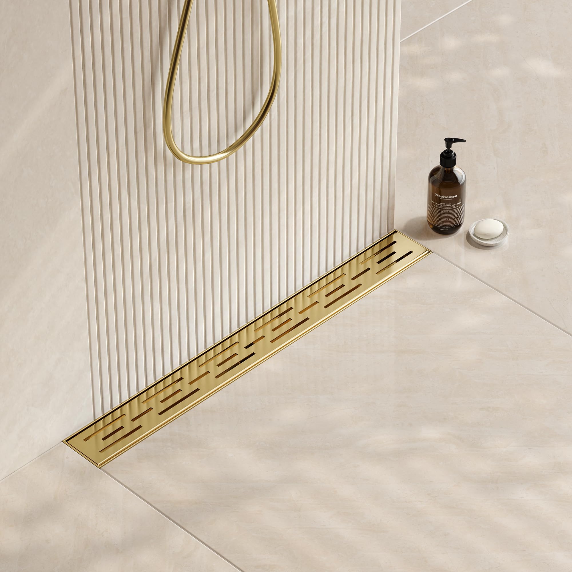 Neodrain 24-in Brushed Brass Rectangular Linear Shower Drain with Brick ...