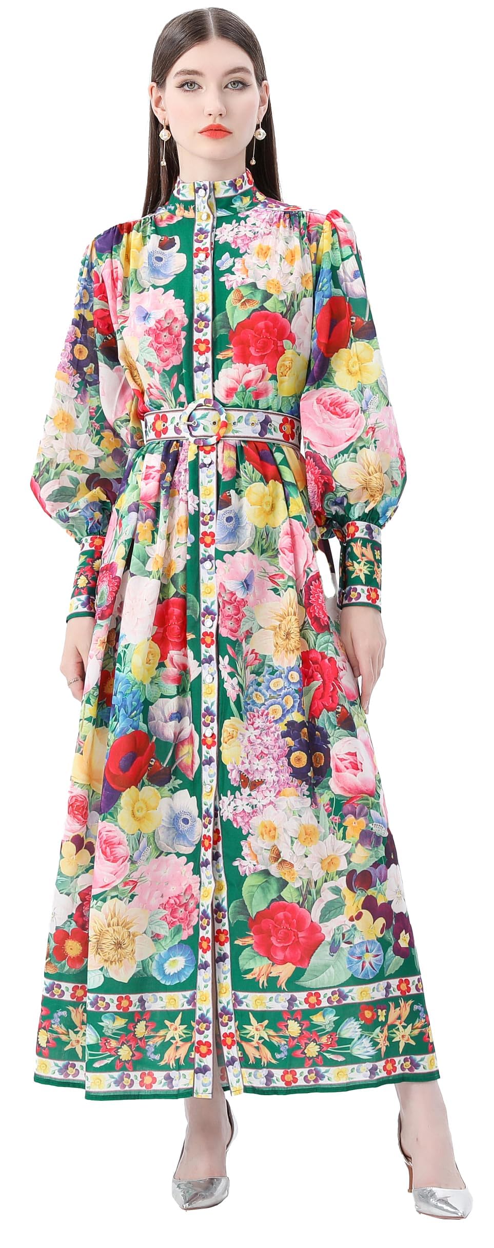 LAI MENG FIVE CATS Women's Puff Sleeves High Collar Floral Printed ...