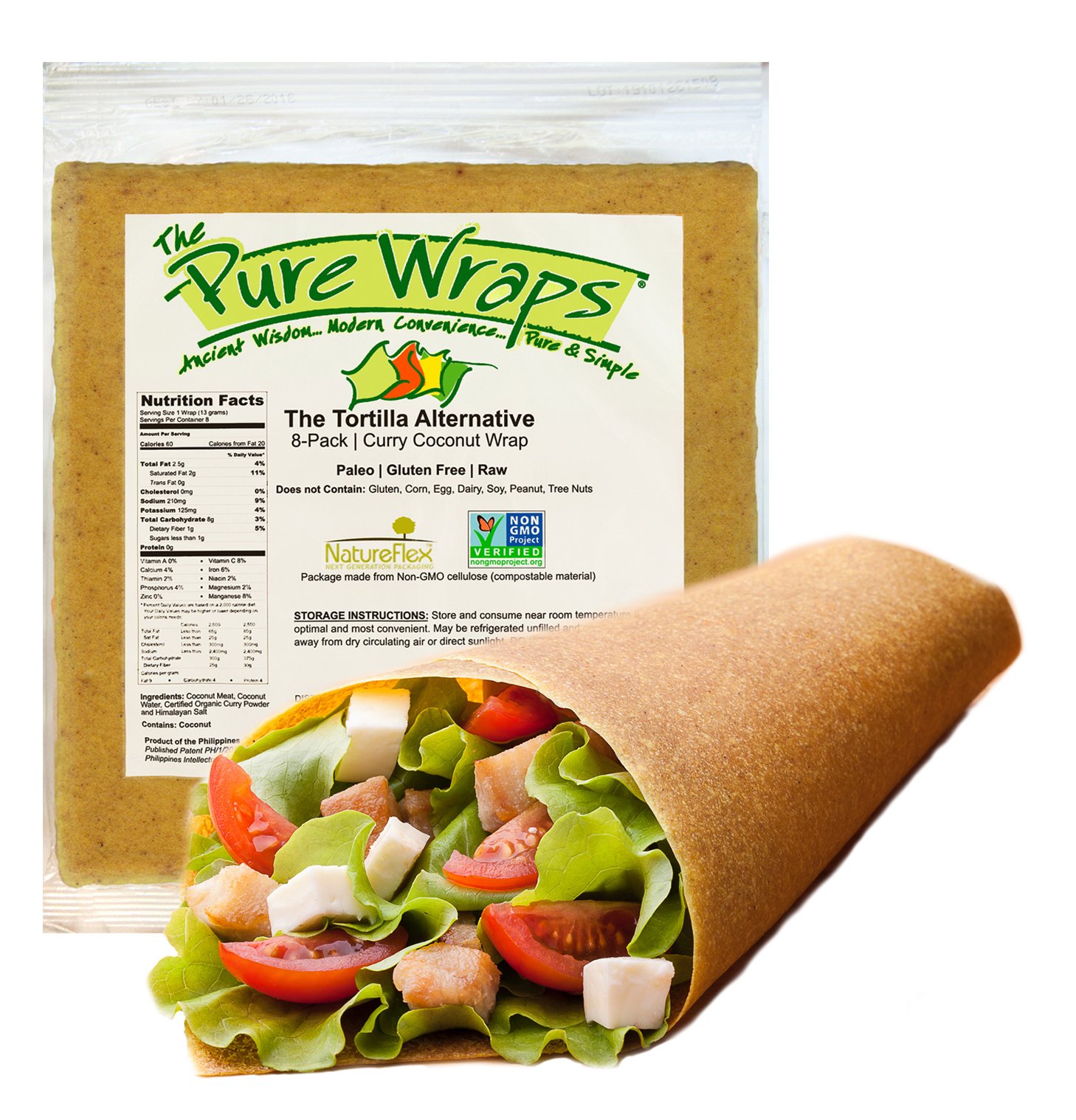Pure Wraps, Paleo Coconut Wraps, Original Flavor, 8 Count (2 Packs of ...
