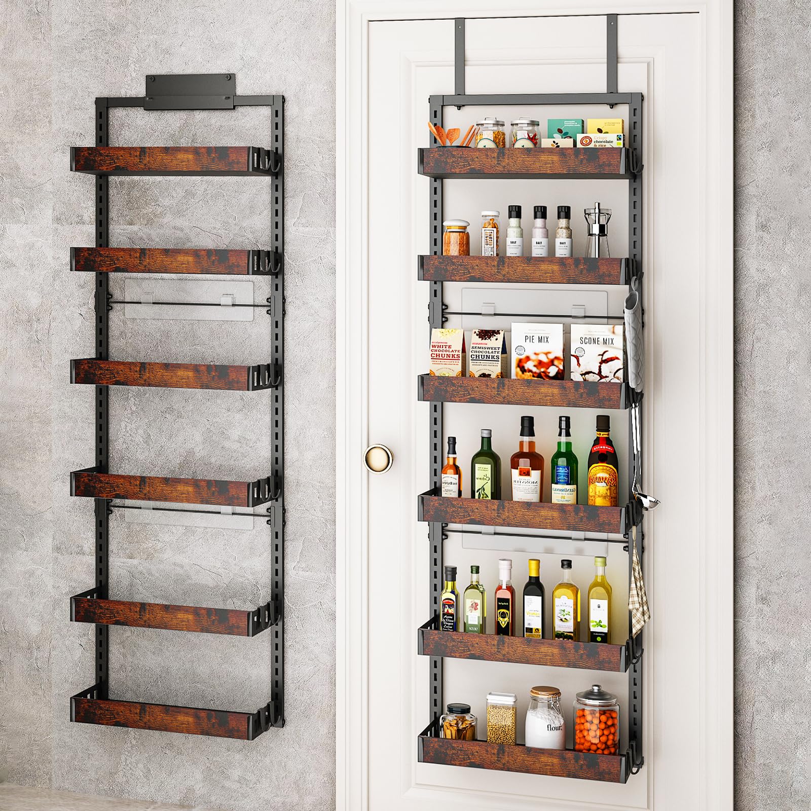 bukfen Over the Door Pantry Organizer, 6-Tier Adjustable Wooden Basket ...