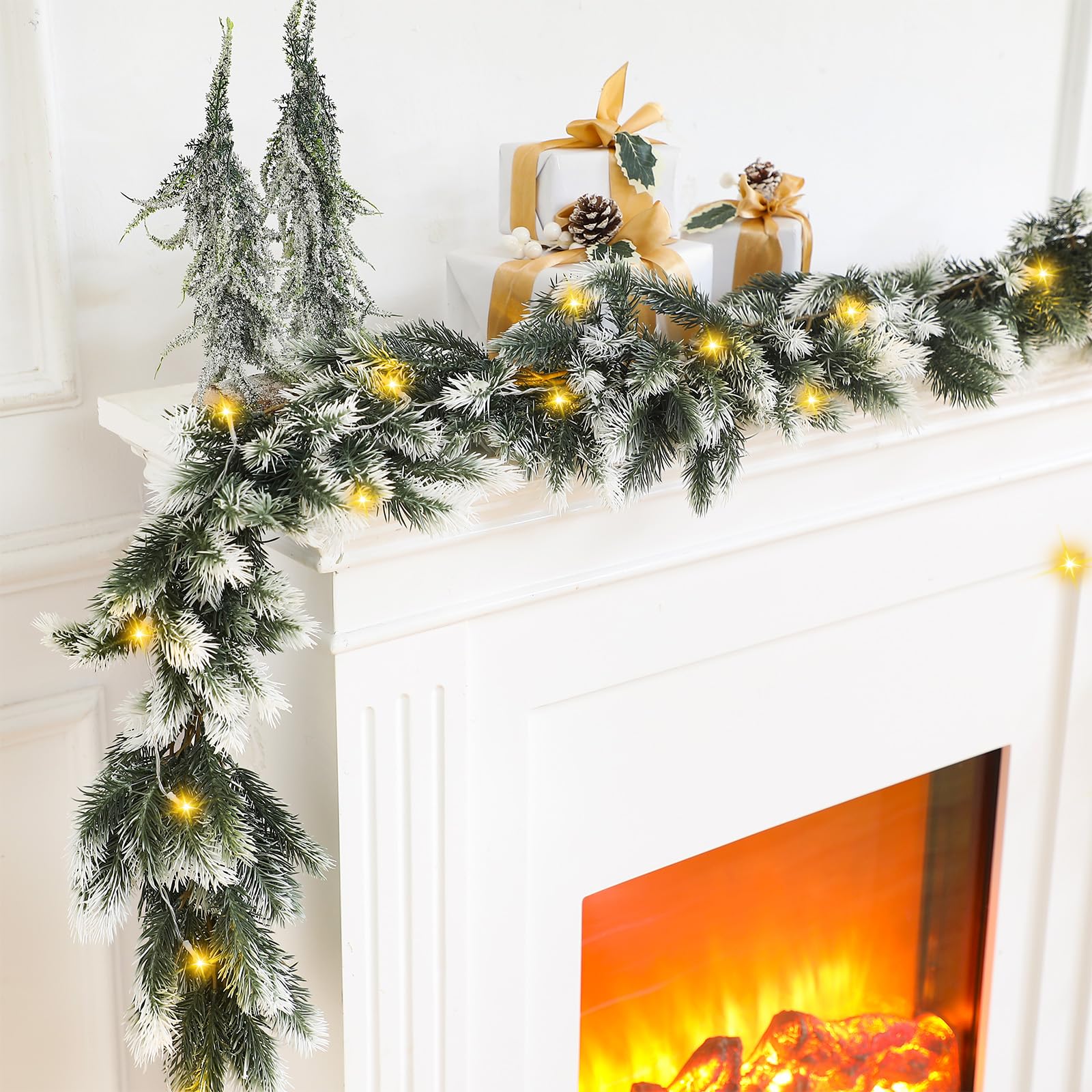 Chuangdi 3 Pack 9 ft Pre-lit Snow Flocked Christmas Garland for Lighted ...