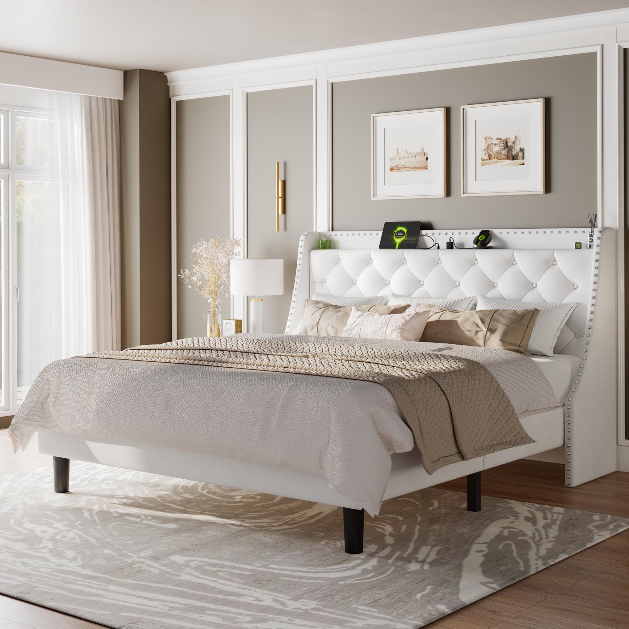 Feonase King Size Bed Frame With Velvet Luxury Wingback Upholstered